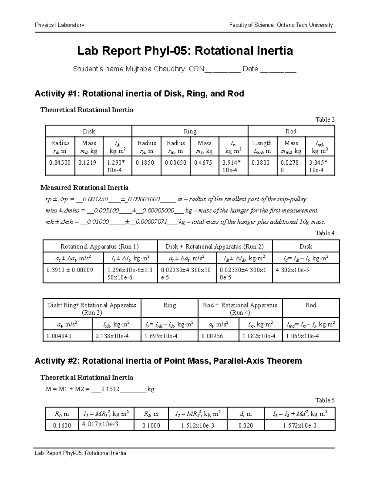 Rotational Inertia Report - Lab Report PhyI-05: Rotational Inertia Student’s name Mujtaba ...
