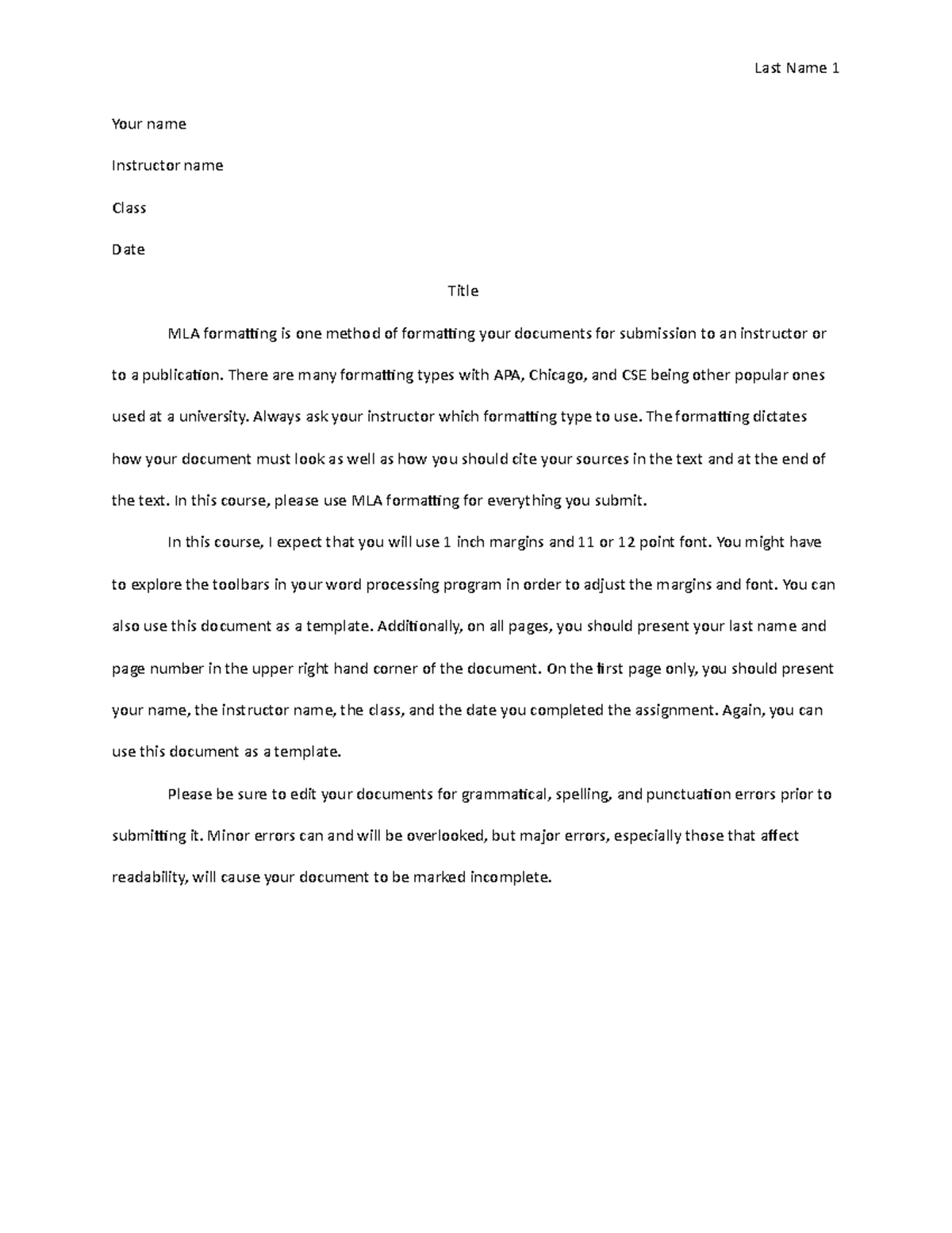 MLA Instructional Document Formatting - Last Name 1 Your name ...