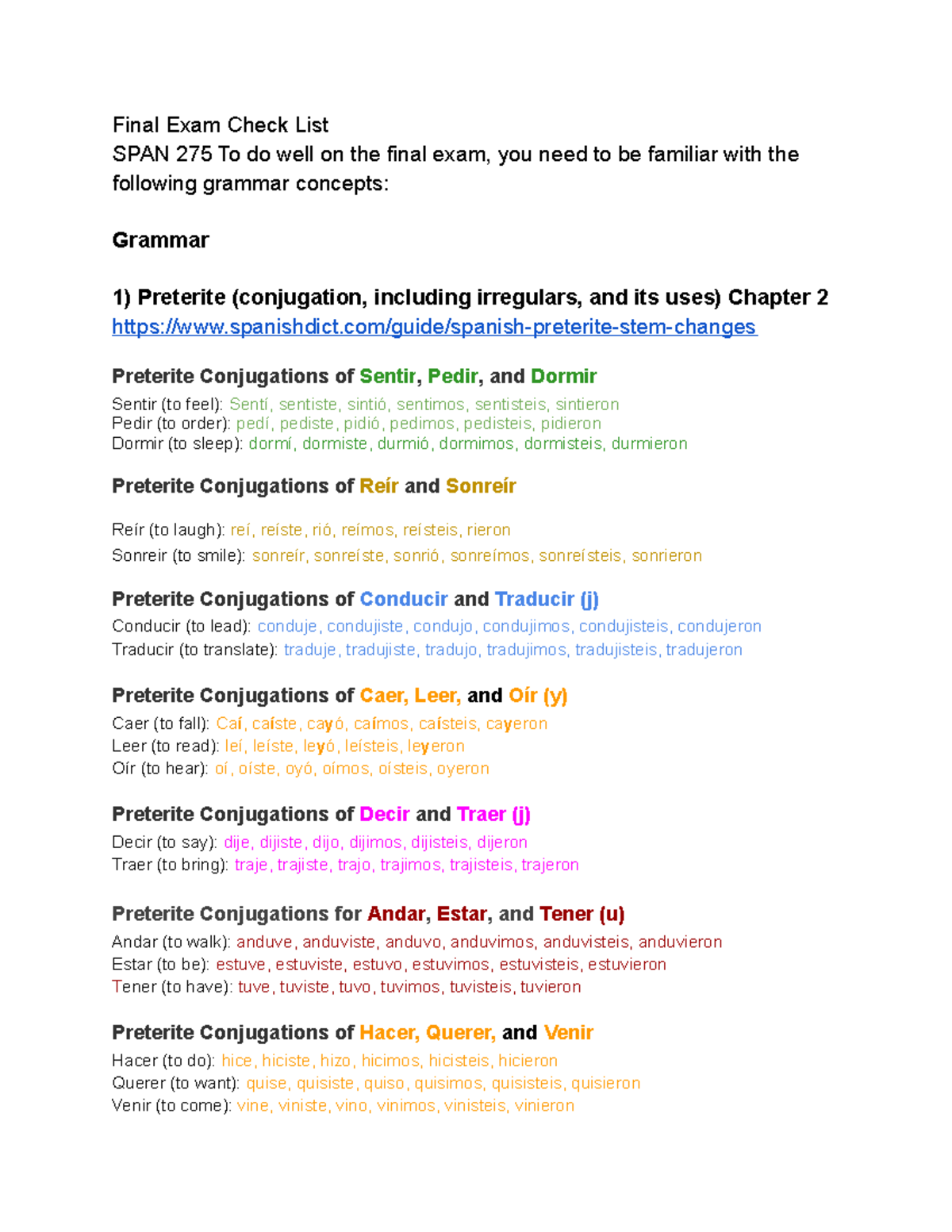 Spanish Final Exam - Lecture notes All - Final Exam Check List SPAN 275 ...
