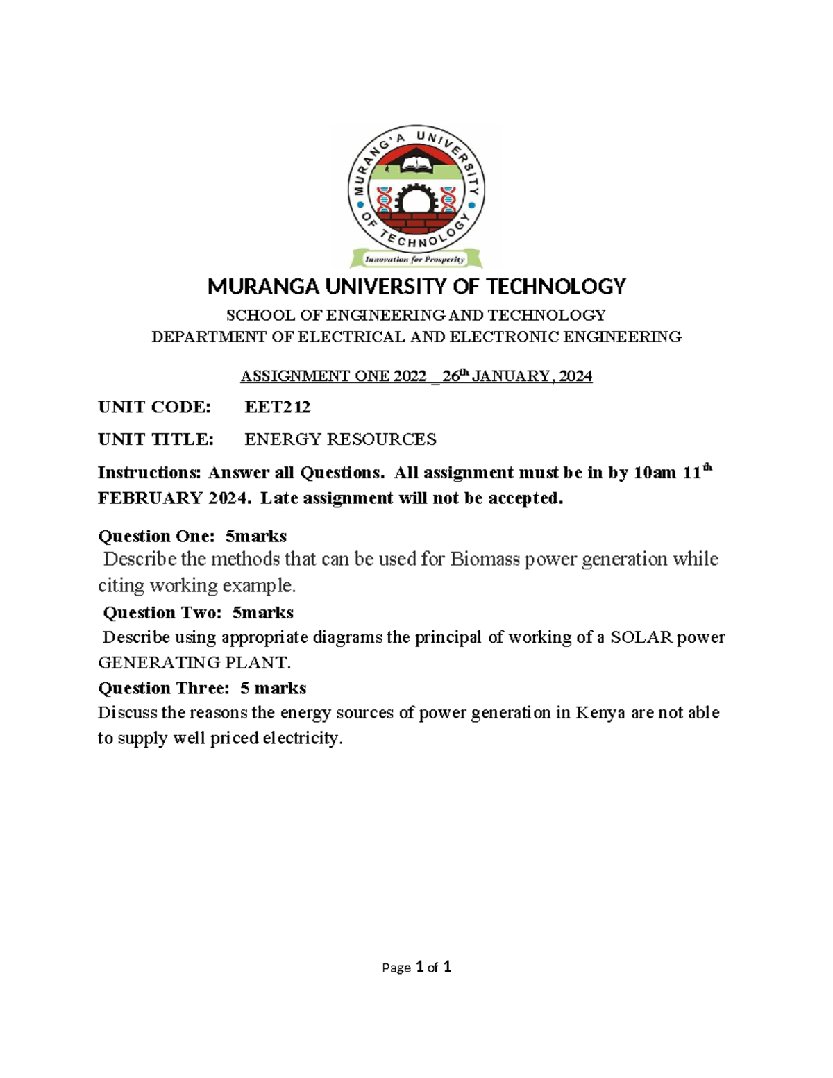 EET 212 assignment JAN 2024 - MURANGA UNIVERSITY OF TECHNOLOGY SCHOOL OF ENGINEERING AND ...