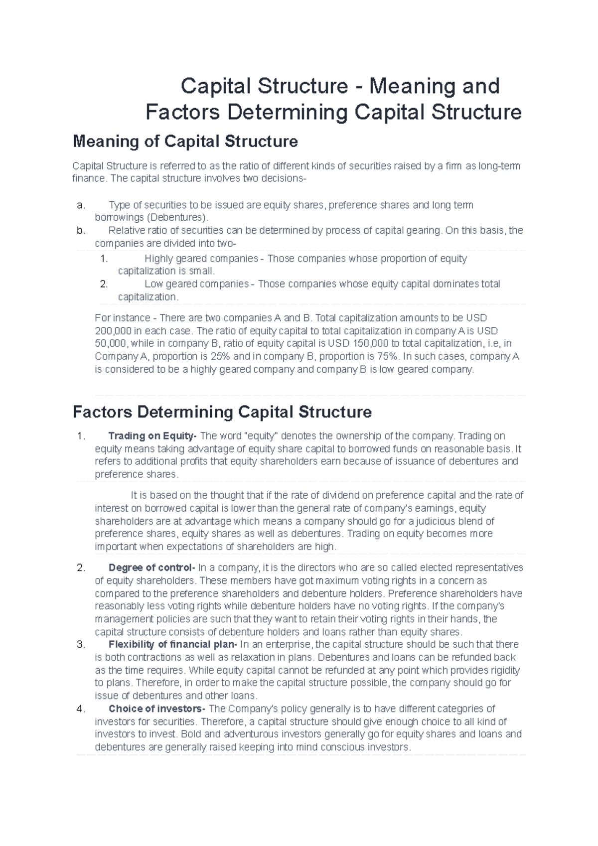 Capital Structure - The capital structure involves two decisions- a ...