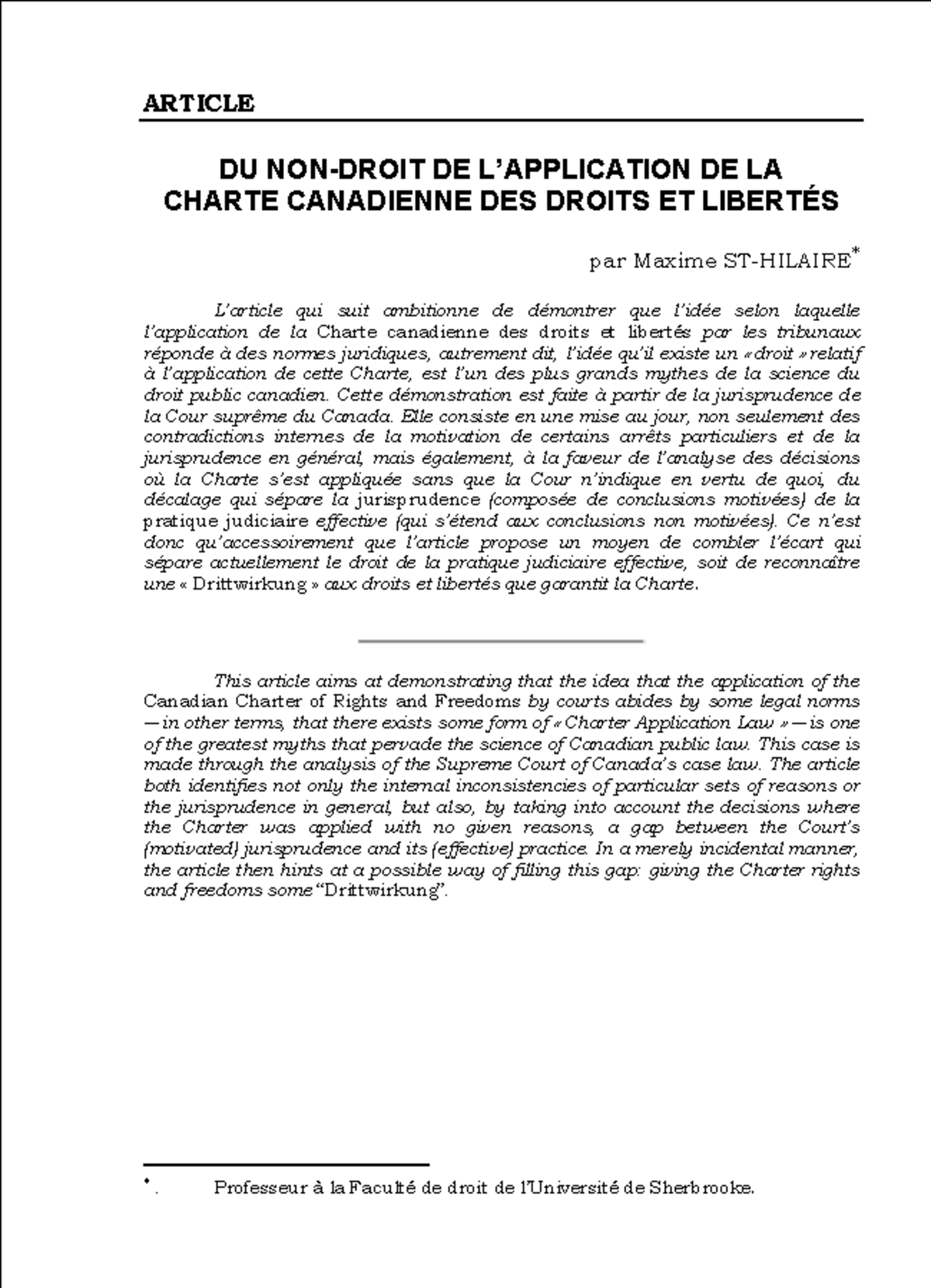 Maxime ST- Hilaire, Du non-droit de l'application de la Charte ...
