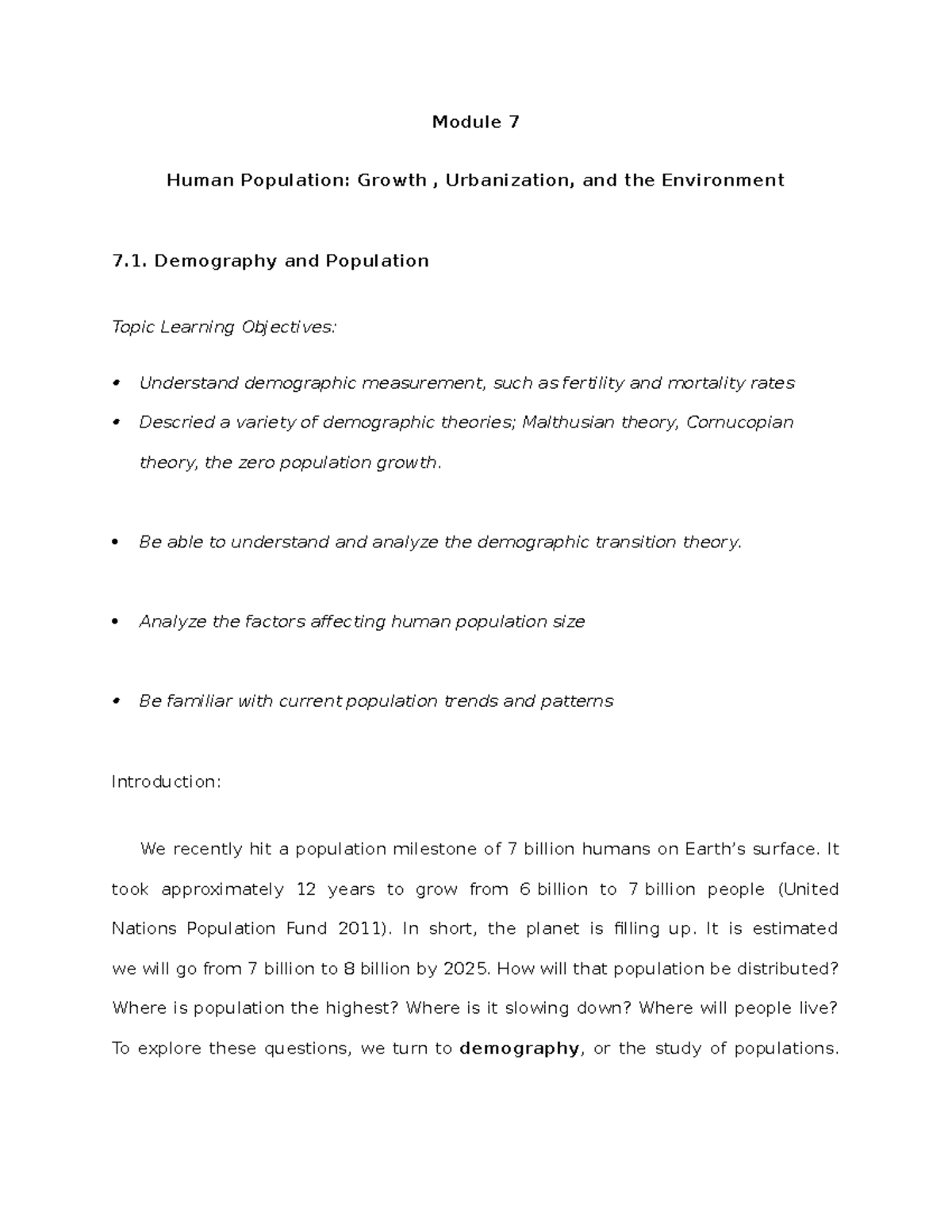 Module 7 Human Population Growth Urbanization and the Environment ...