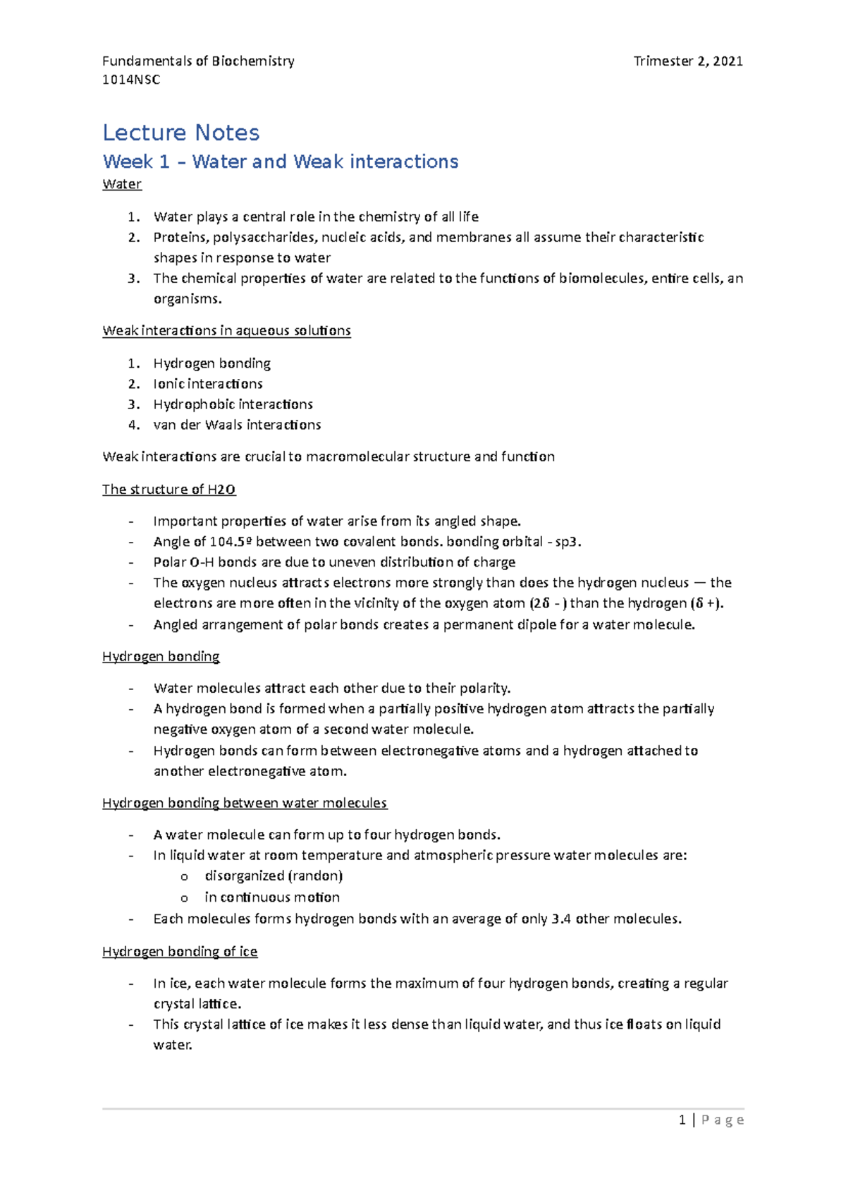 1014NSC Lecture Notes Part One - 1014NSC Lecture Notes Week 1 – Water ...
