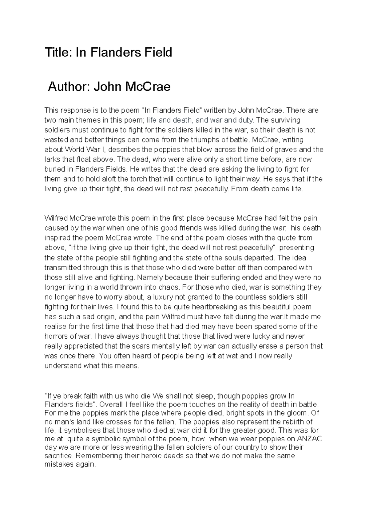 Personal Response - In Flanders Fields - Title: In Flanders Field ...