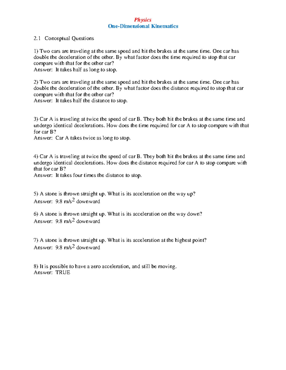 One-Dimensional Kinematics - Physics One-Dimensional Kinematics 2 ...