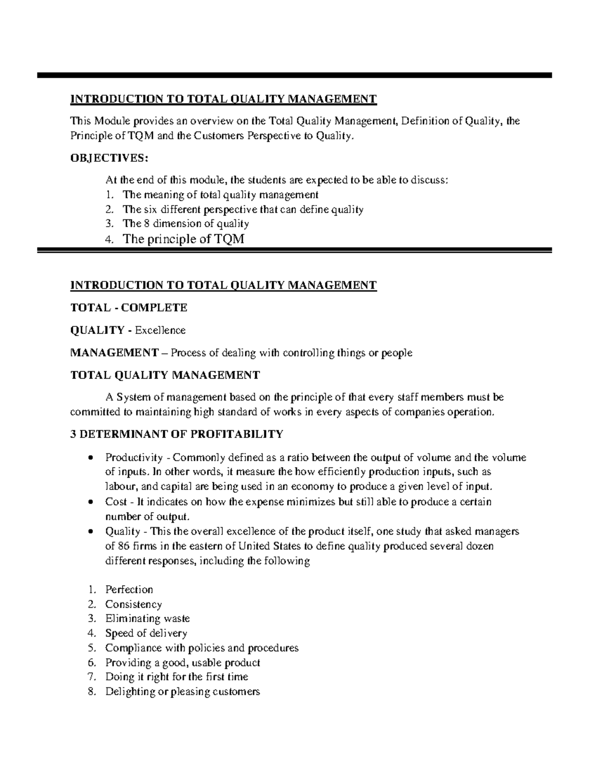 Introduction TO Total Quality Management - INTRODUCTION TO TOTAL QUALITY MANAGEMENT This Module ...