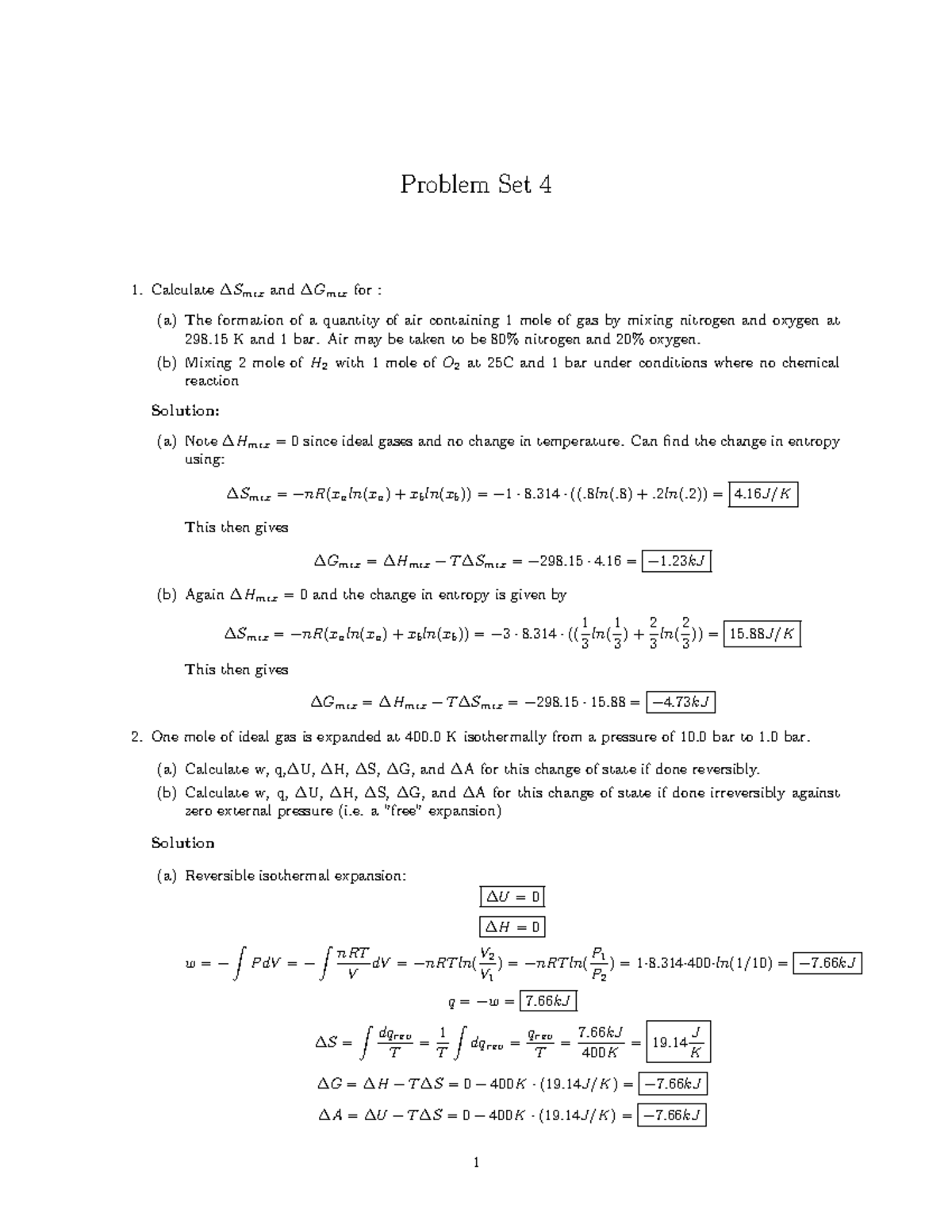 Thermodynamics and Kinetics Guide 4 - Problem Set 4 Calculate ∆Smixand ...