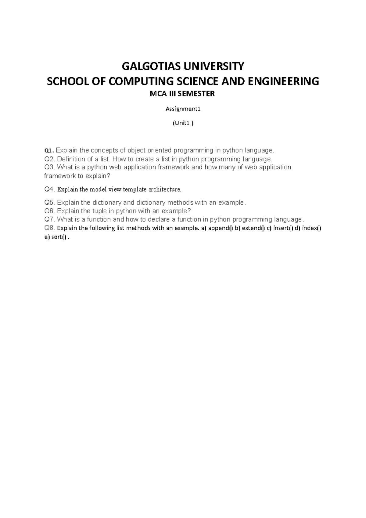Assignment 1 Galgotias University School Of Computing Science And Engineering Mca Iii Semester