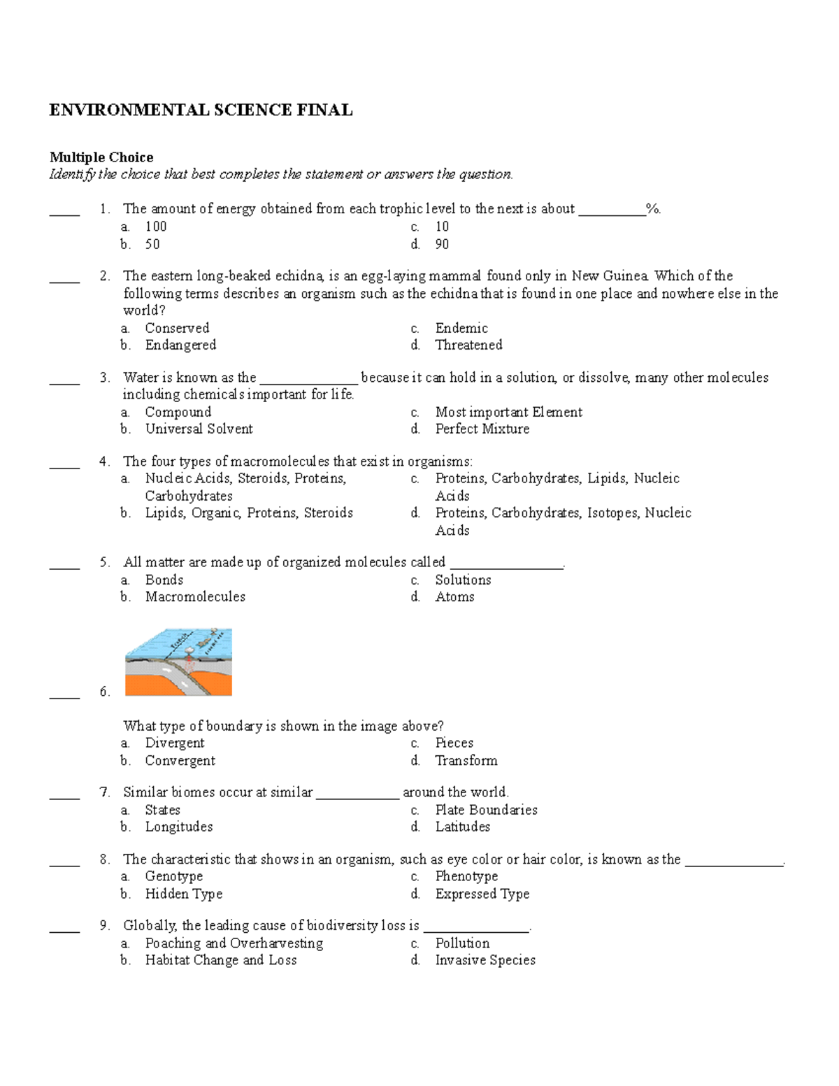 Environmental Science Final - ENVIRONMENTAL SCIENCE FINAL Multiple ...
