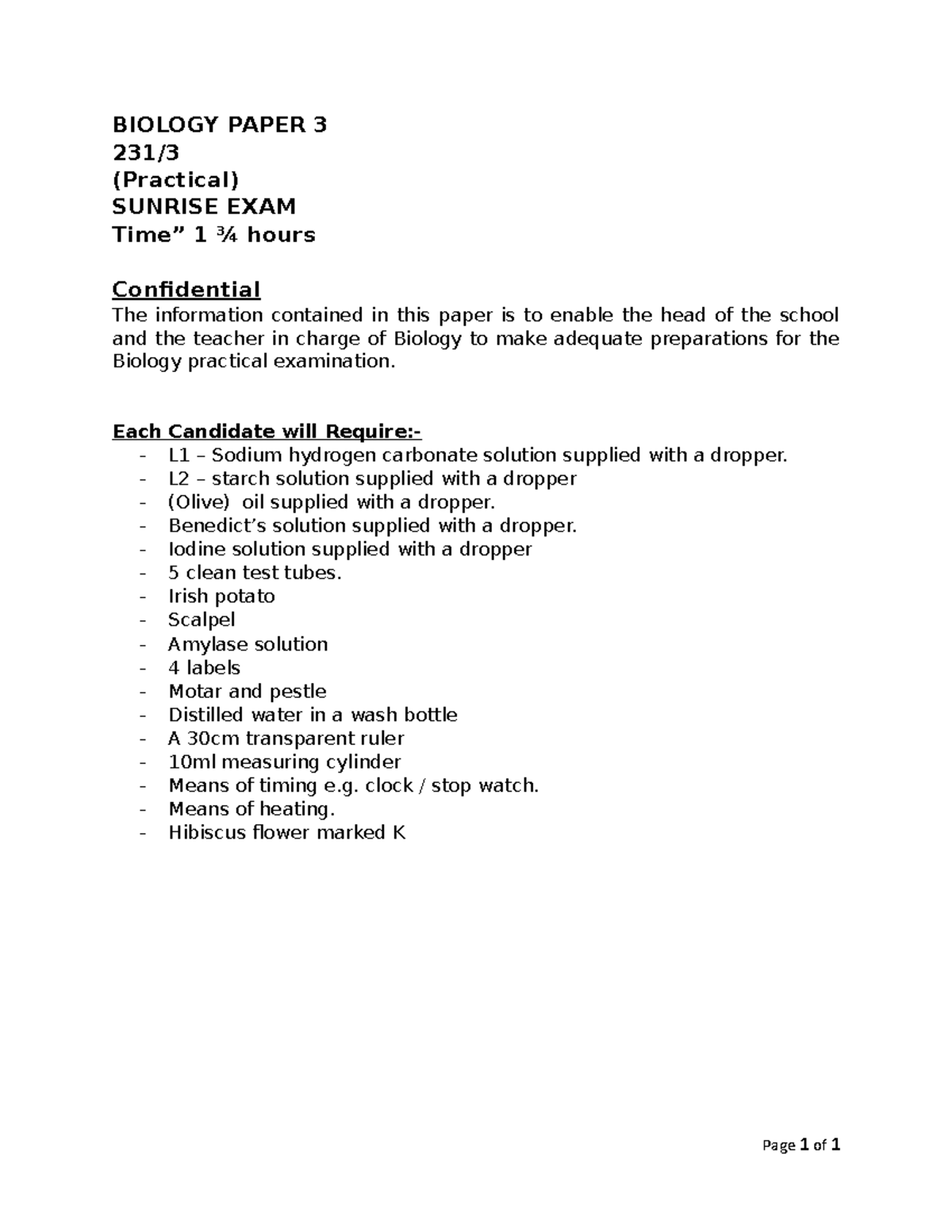 231 F4 Biology Confidential - BIOLOGY PAPER 3 231/ (Practical) SUNRISE ...