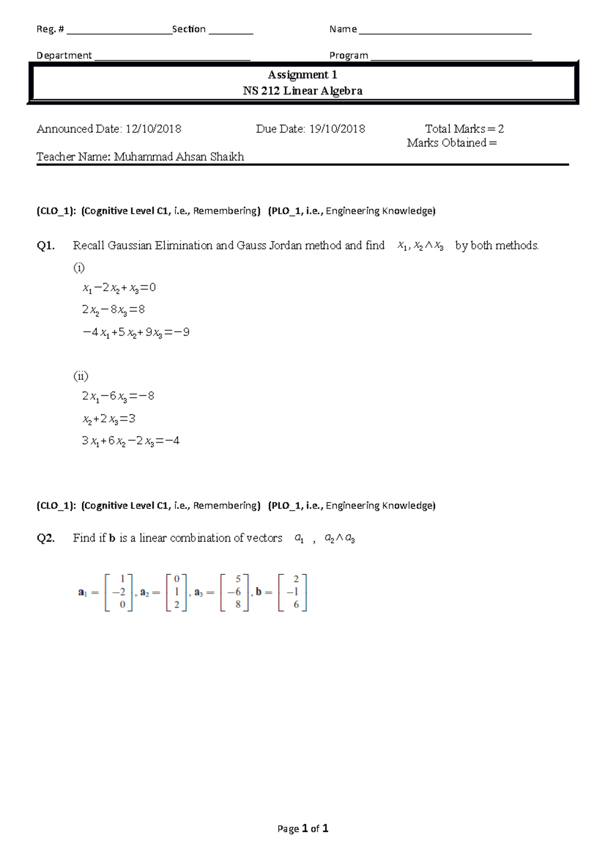Linear Algebra Assignment 1 - Reg. # ___________________Section ...