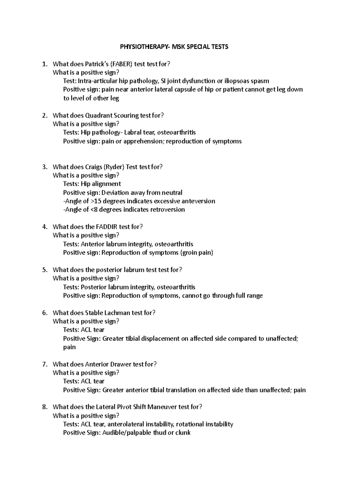 Physiotherapy MSK- Special Tests - PHYSIOTHERAPY- MSK SPECIAL TESTS ...