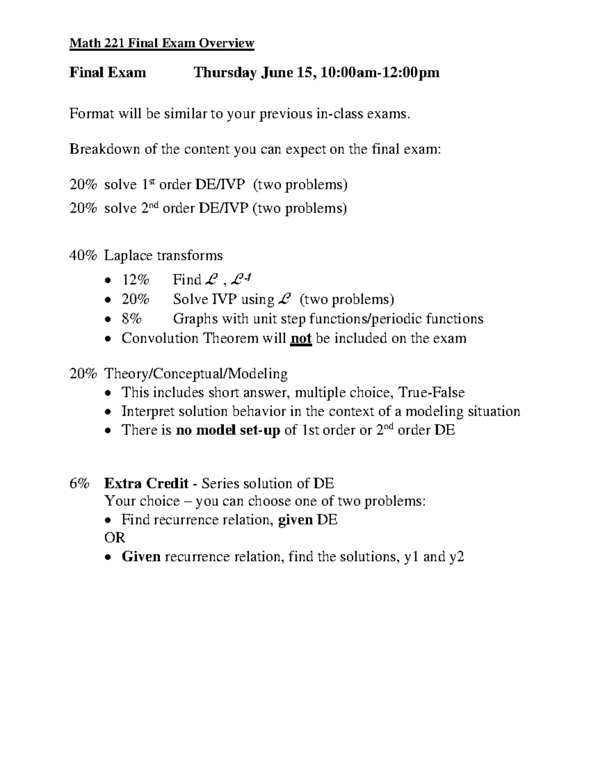 IC final Overview - Math 221 Final Exam Overview Final Exam Thursday ...
