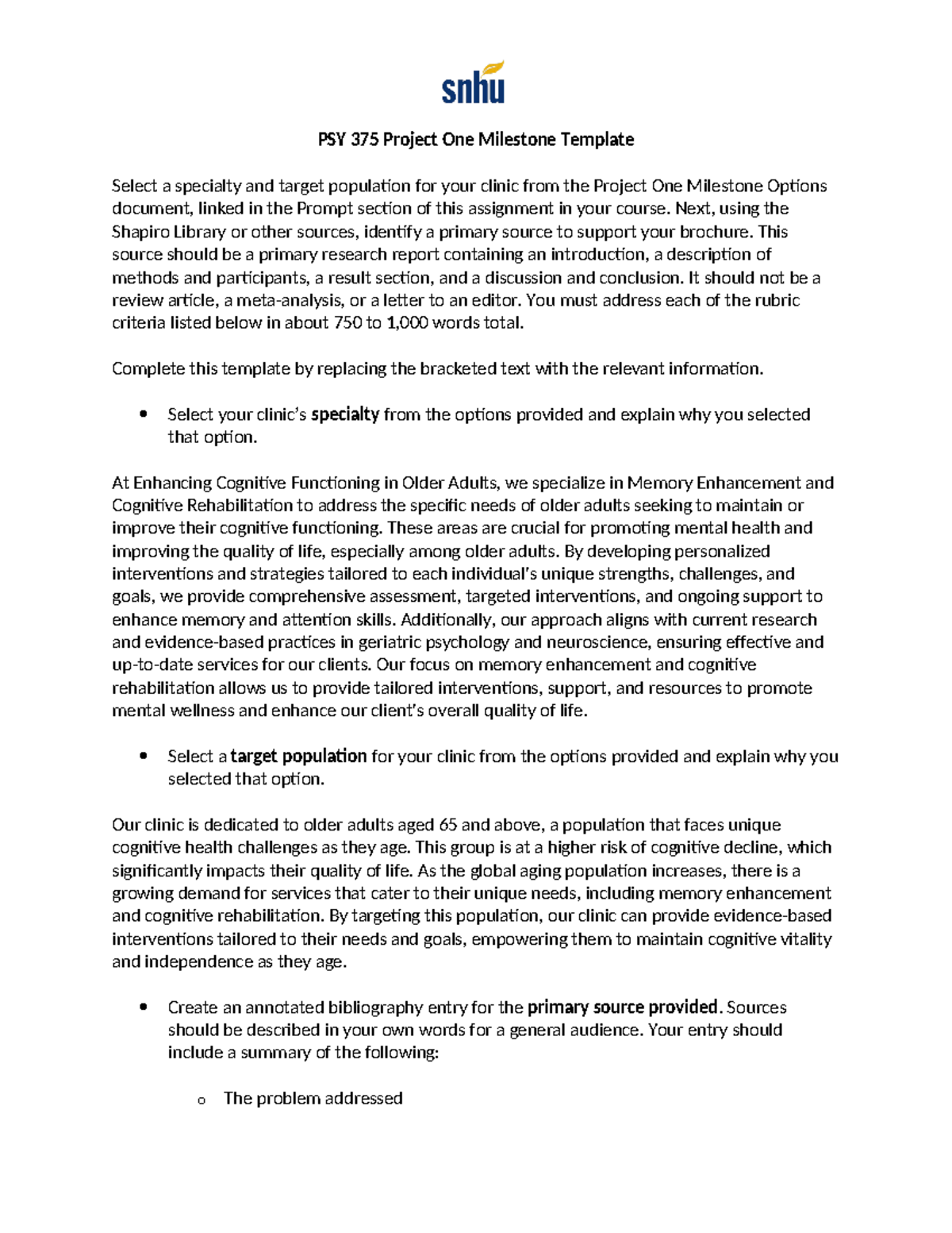 PSY 375 Project One Milestone Template - PSY 375 Project One Milestone ...