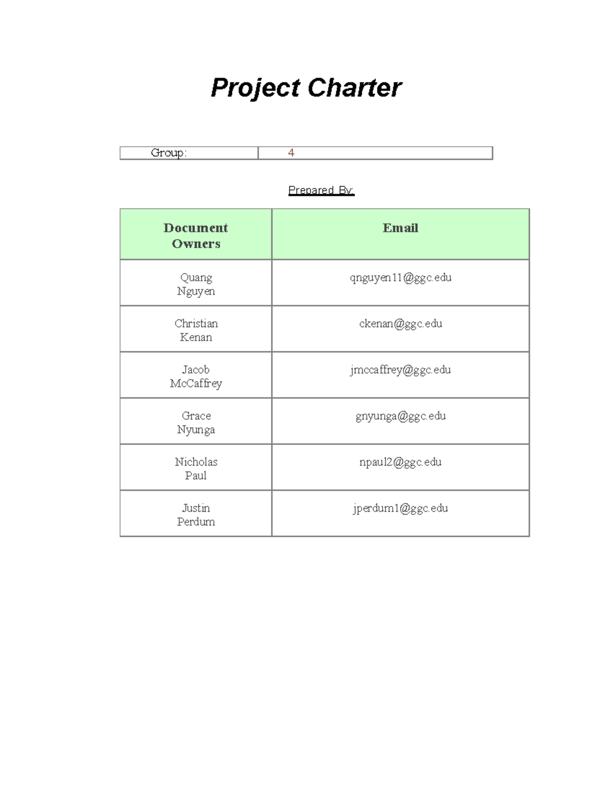 project-charter - Project Charter Group: 4 Prepared By: Document Owners ...