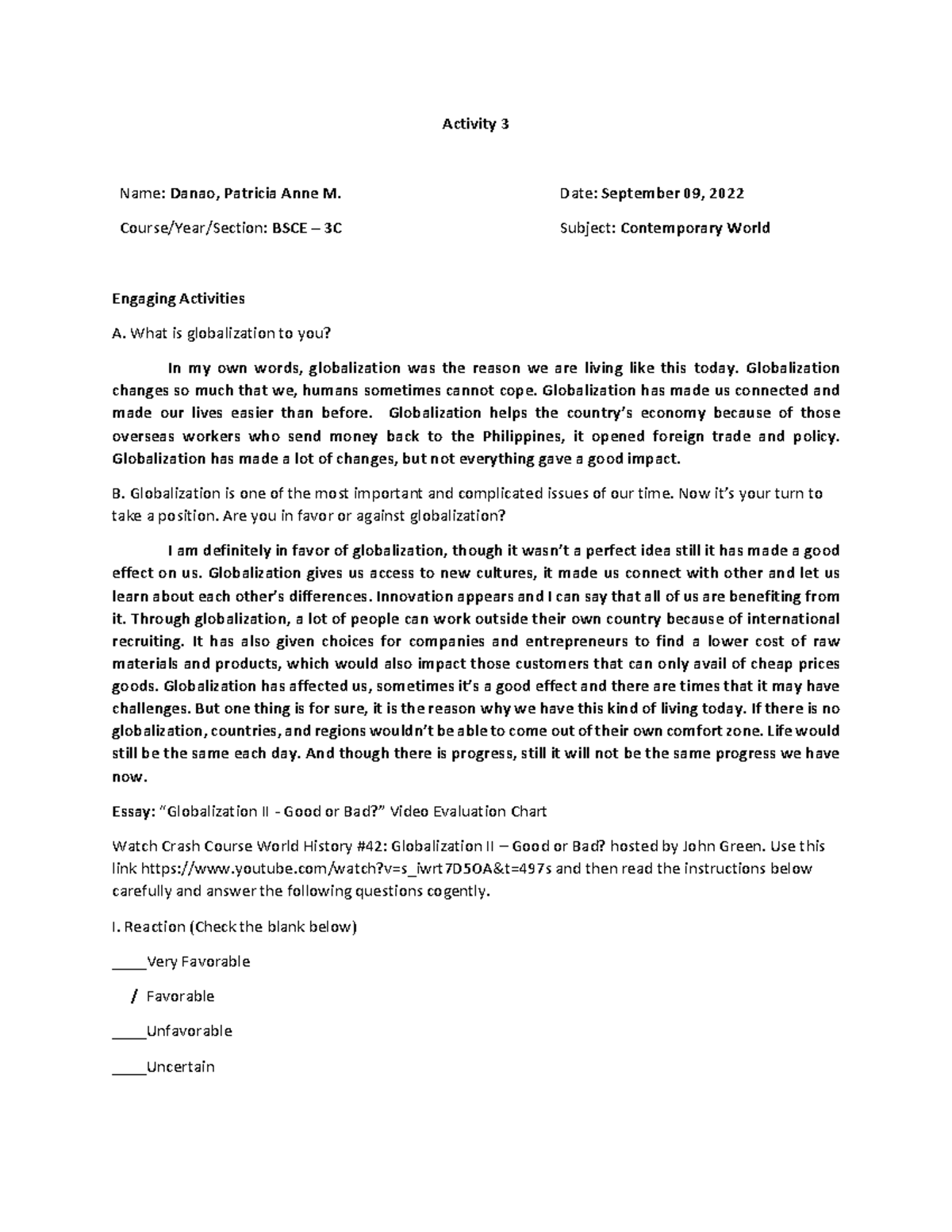 Danao Activity 3 - Contemporary World - Activity 3 Name: Danao ...