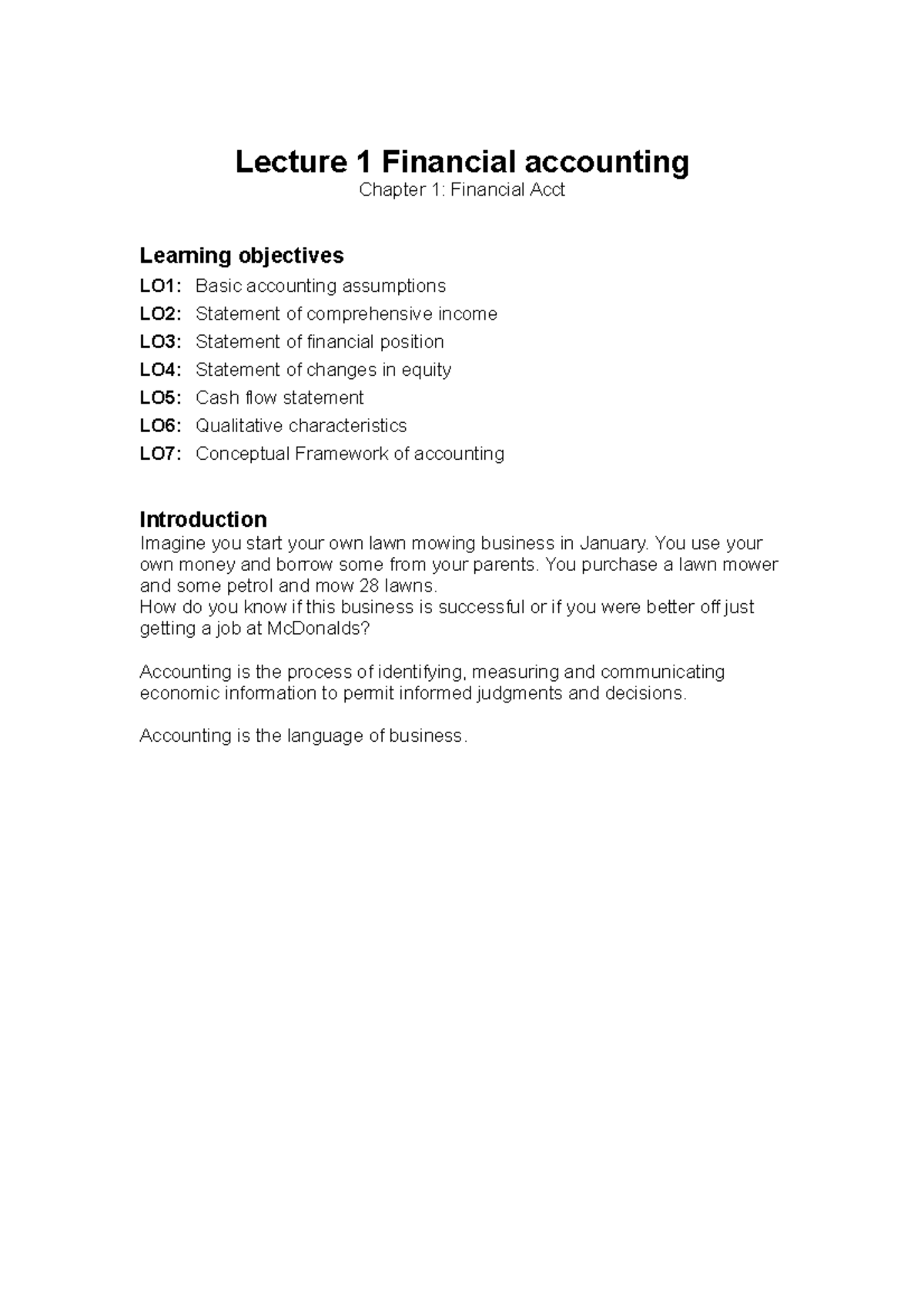 Lecture 1 - Accounting - Lecture 1 Financial accounting Chapter 1 ...