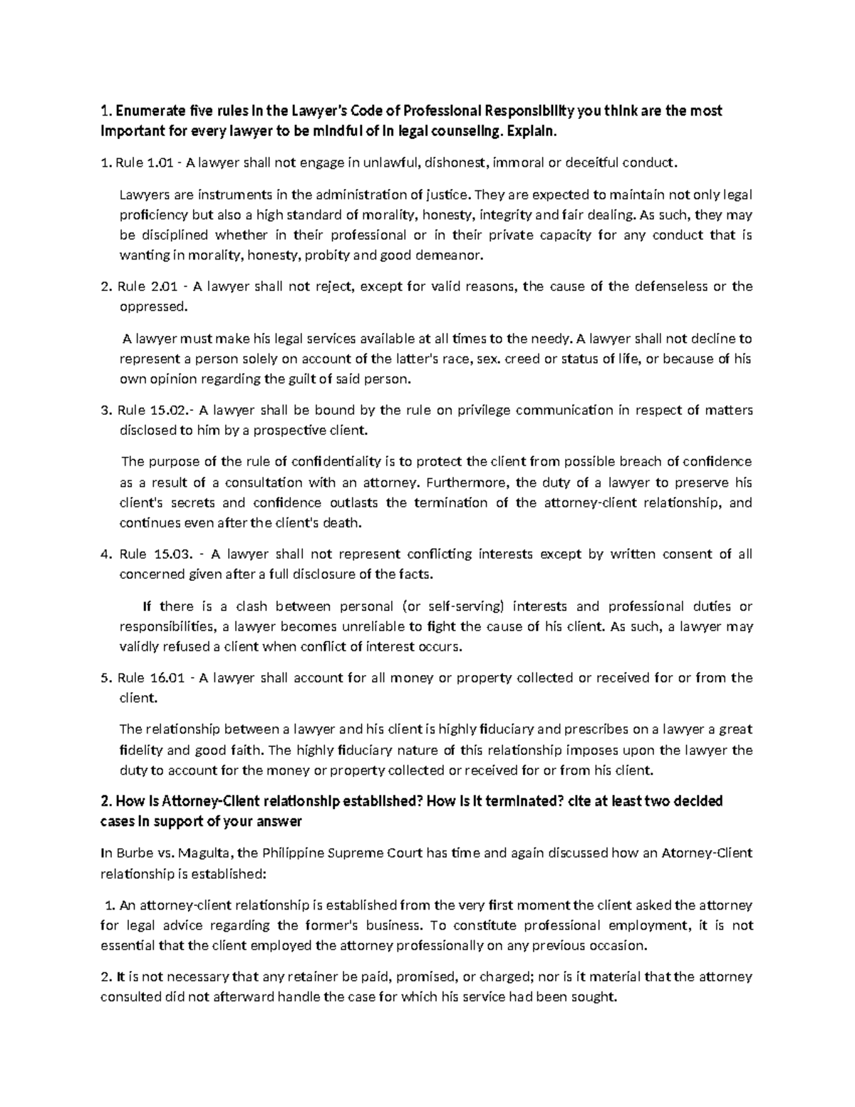 Practice of Law - Enumerate five rules in the Lawyer's Code of ...