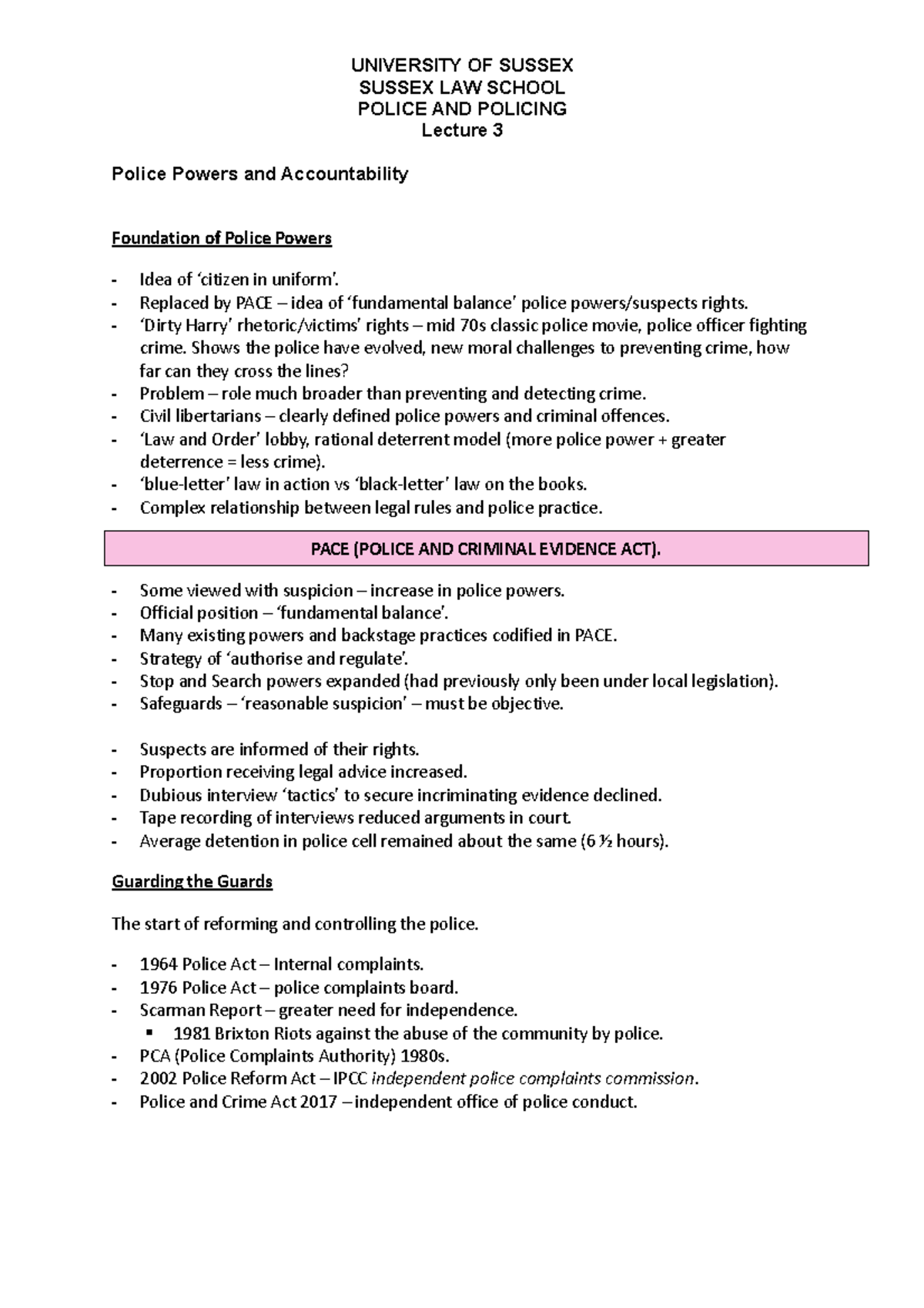 PP Lecture 3 - Police and policing - UNIVERSITY OF SUSSEX SUSSEX LAW ...