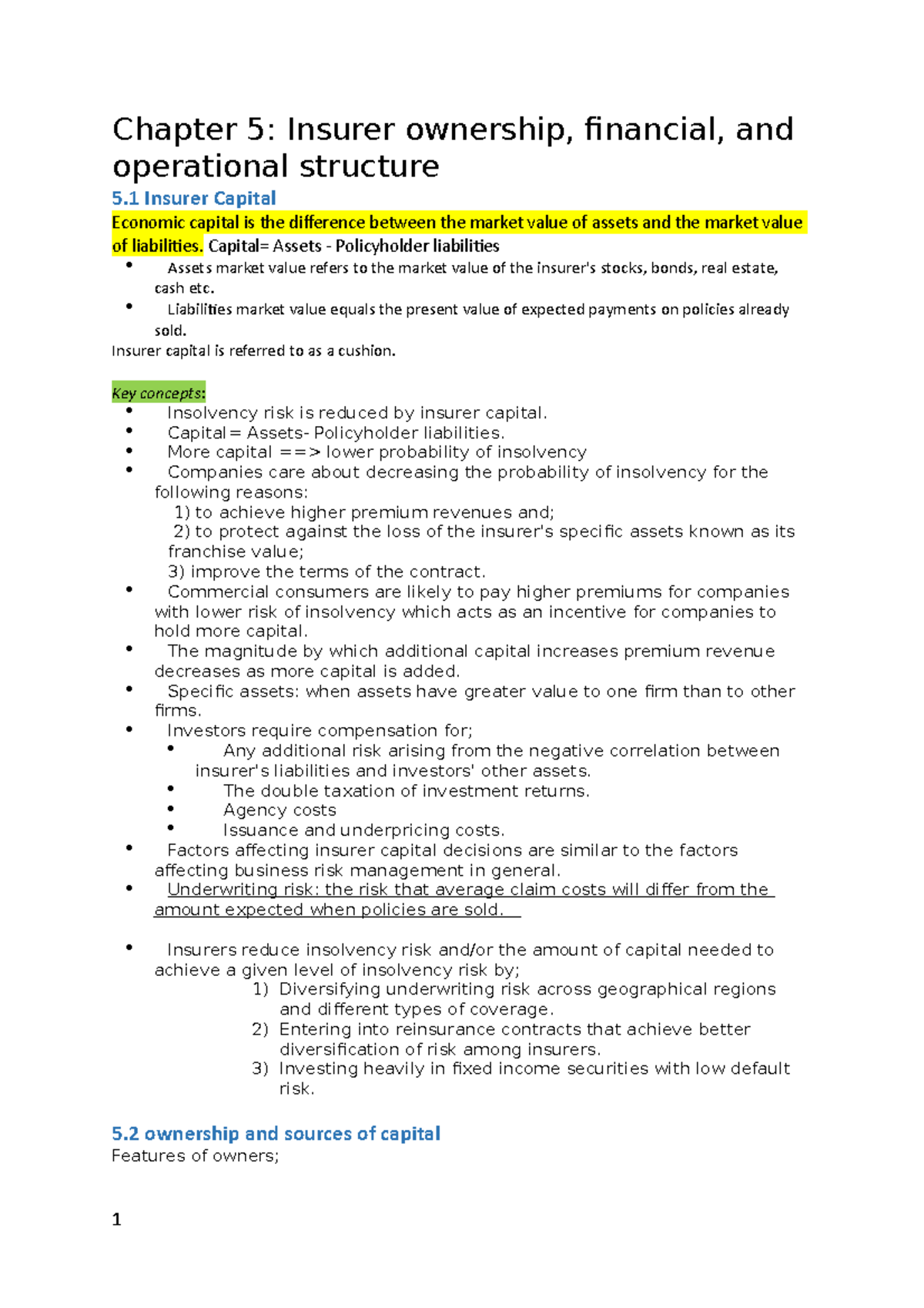 Chapter 5 - Lecture notes 5 - Chapter 5: Insurer ownership, financial ...