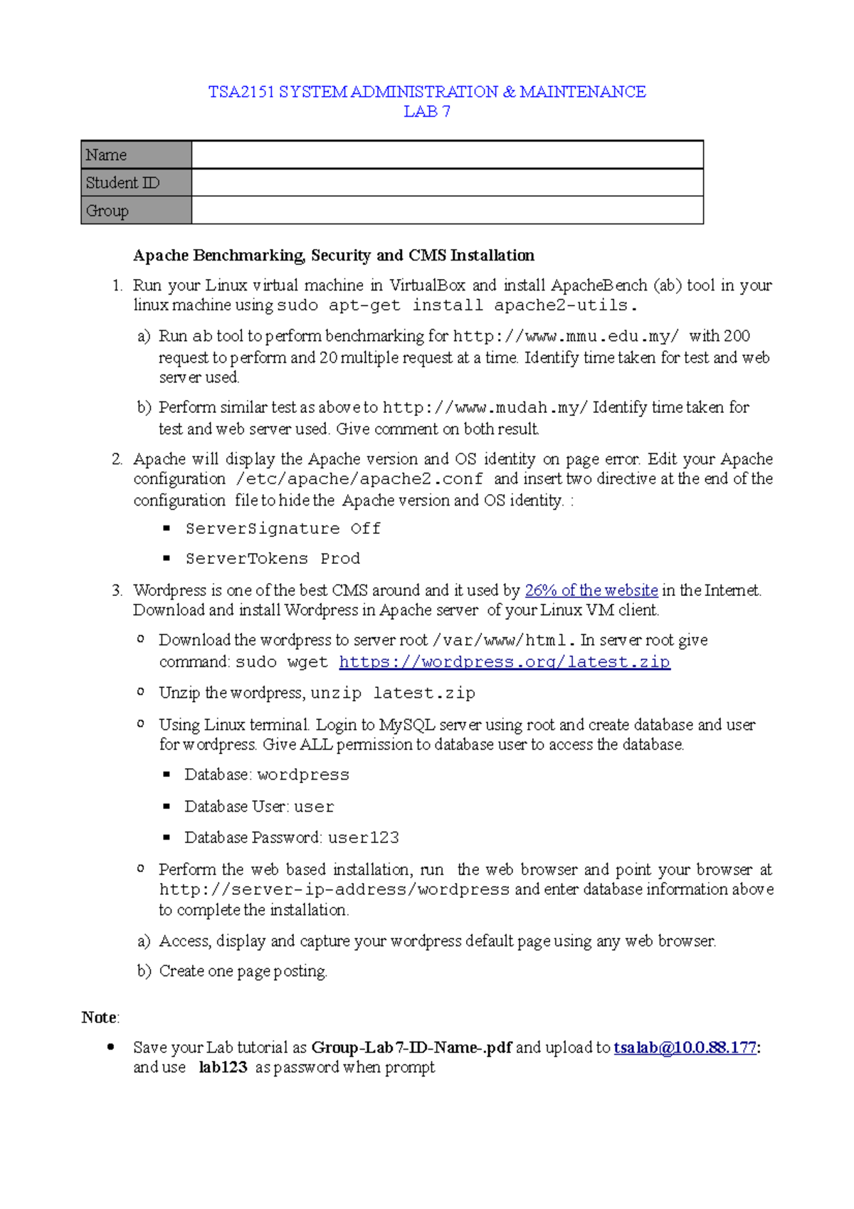 227765 Lab7 - TSA2151 SYSTEM ADMINISTRATION & MAINTENANCE LAB 7 Name Student ID Group Apache ...