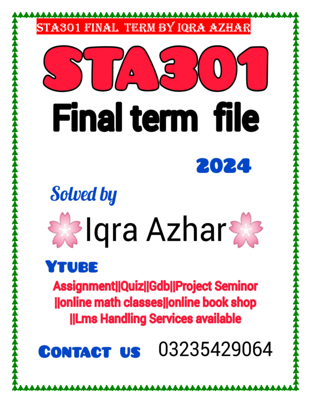 Stat301 Final Term by Iqra Azhar - Suppose H0: u 1 u 2 and critical ...