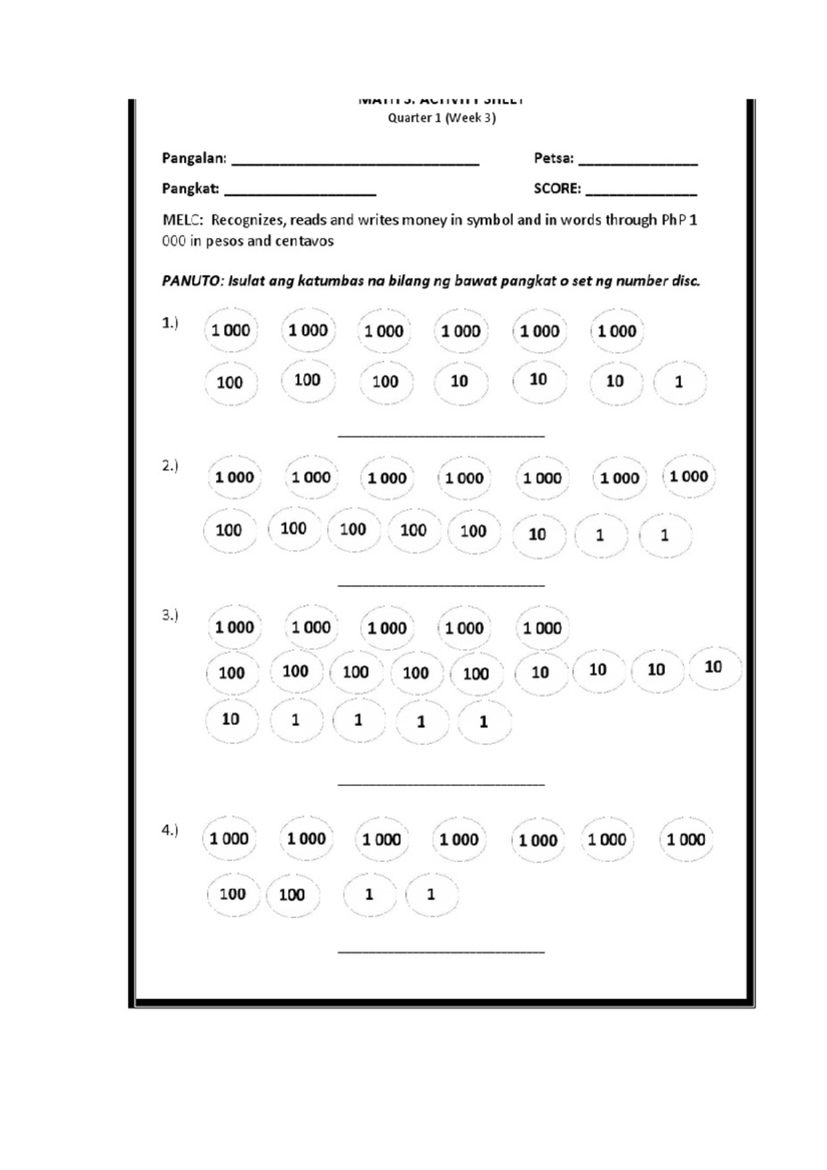 Mathematics Sheet - USE FOR DAILY ACTIVITIES - Direction: Give the ...