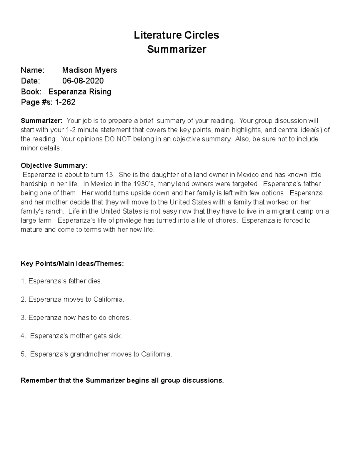 Literature Circle Role Sheets - Literature Circles Summarizer Name ...