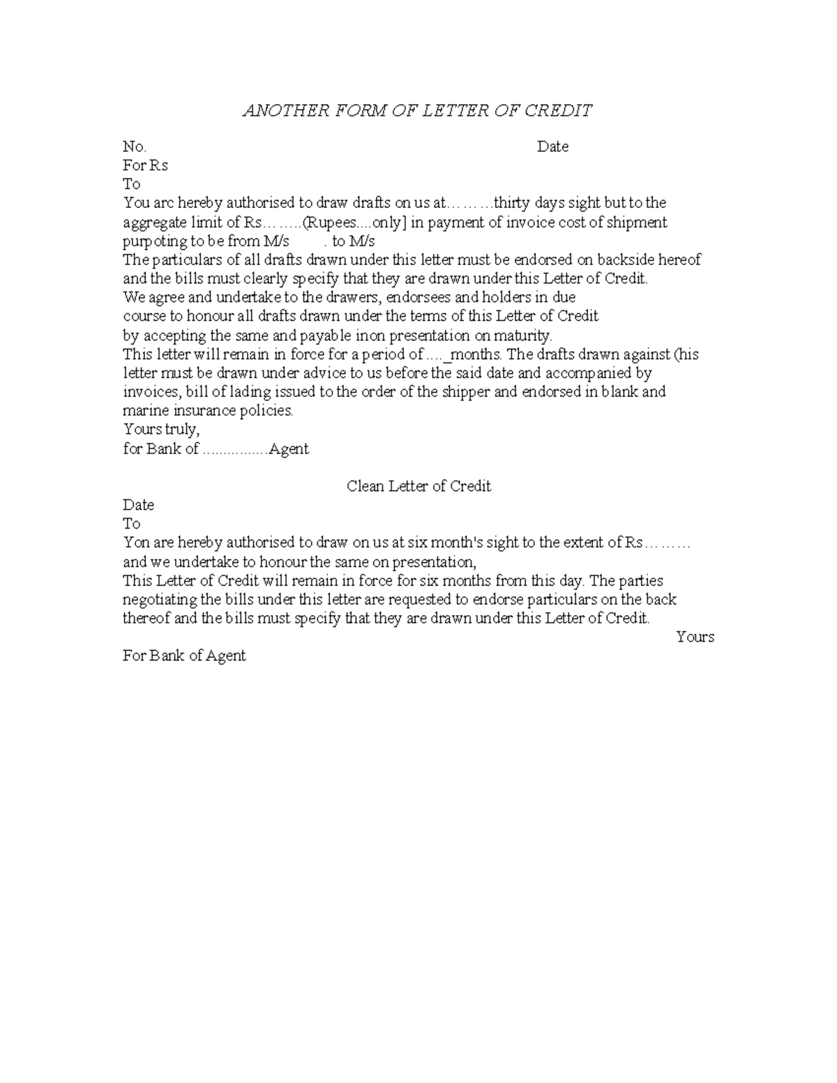 Form of Credit Negotiable Instruments Act 1316 - ANOTHER FORM OF LETTER ...