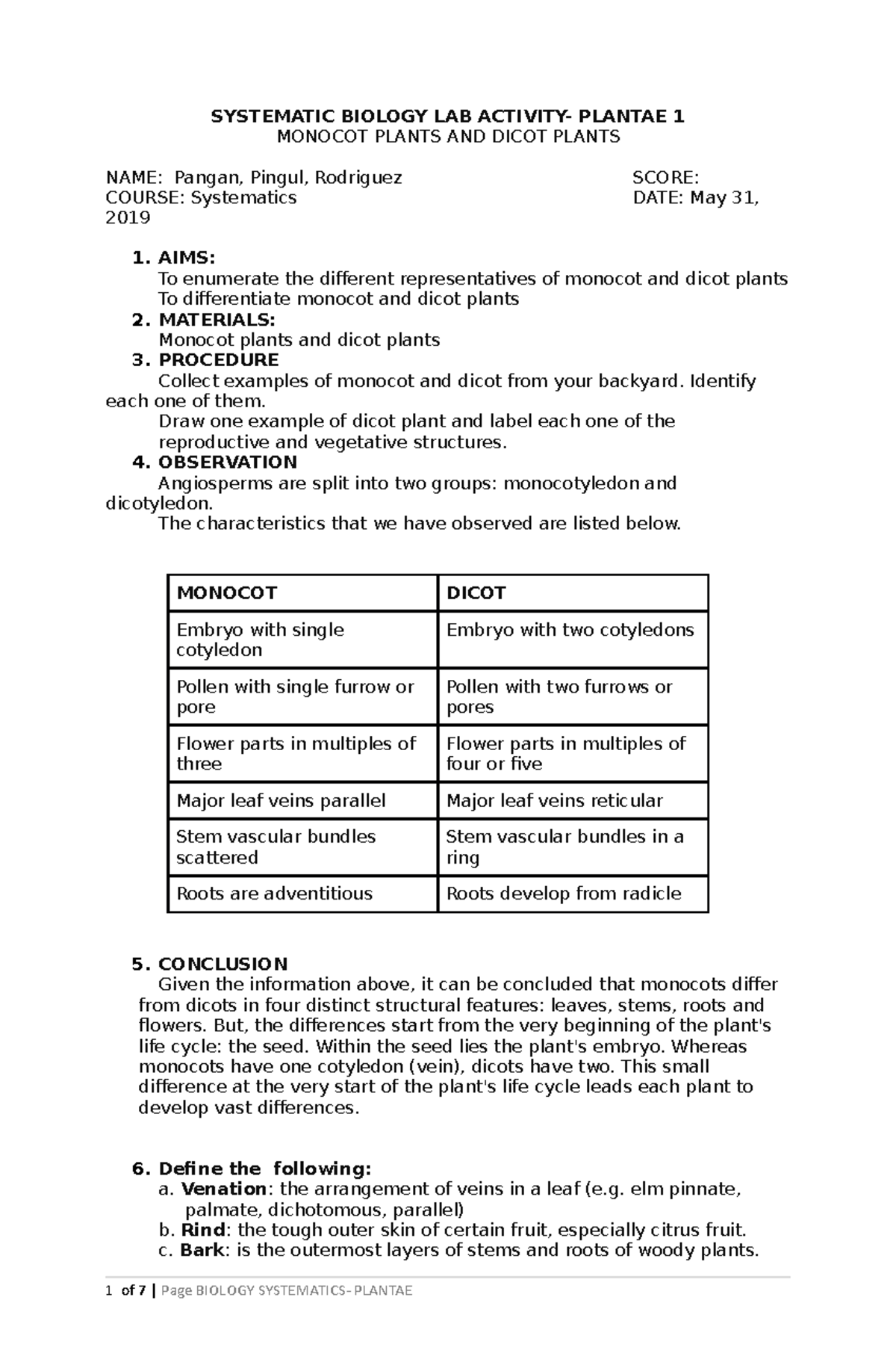 Systematics Plant Activity - SYSTEMATIC BIOLOGY LAB PLANTAE 1 MONOCOT ...