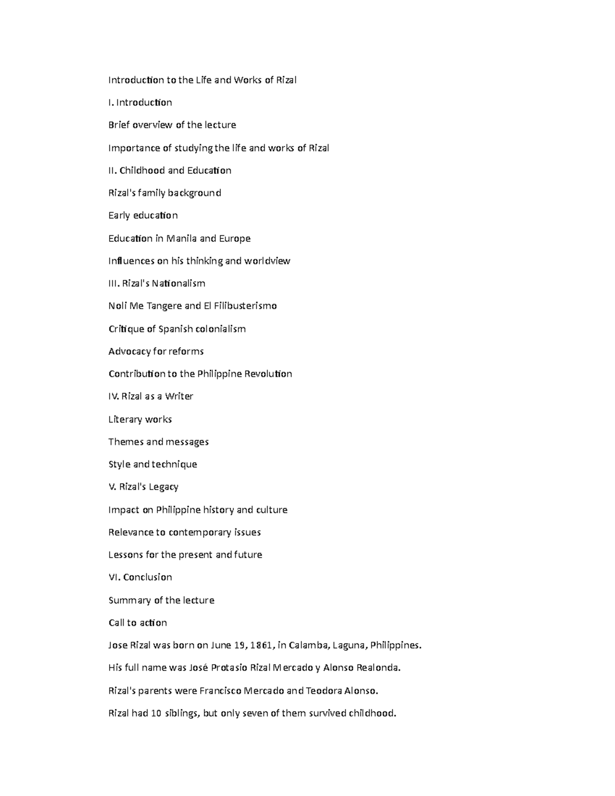 The Life and Works of Rizal - Introduction Brief overview of the ...