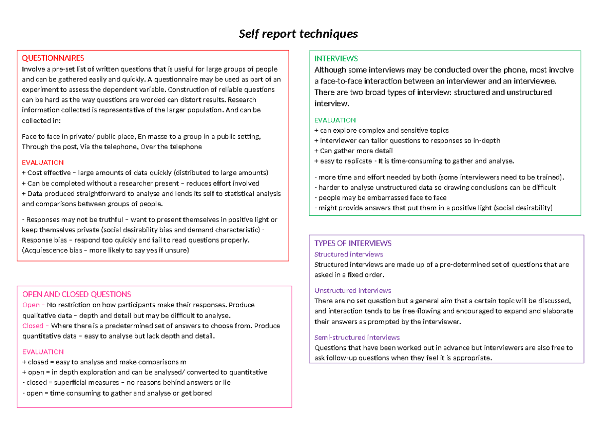 Self report techniques - Self report techniques INTERVIEWS Although ...