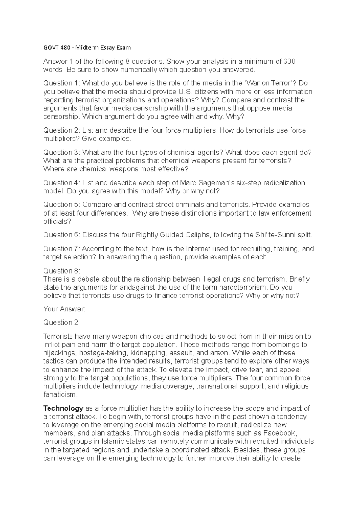 GOVT 480 Midterm Essay Exam - GOVT 480 - Midterm Essay Exam Answer 1 of ...