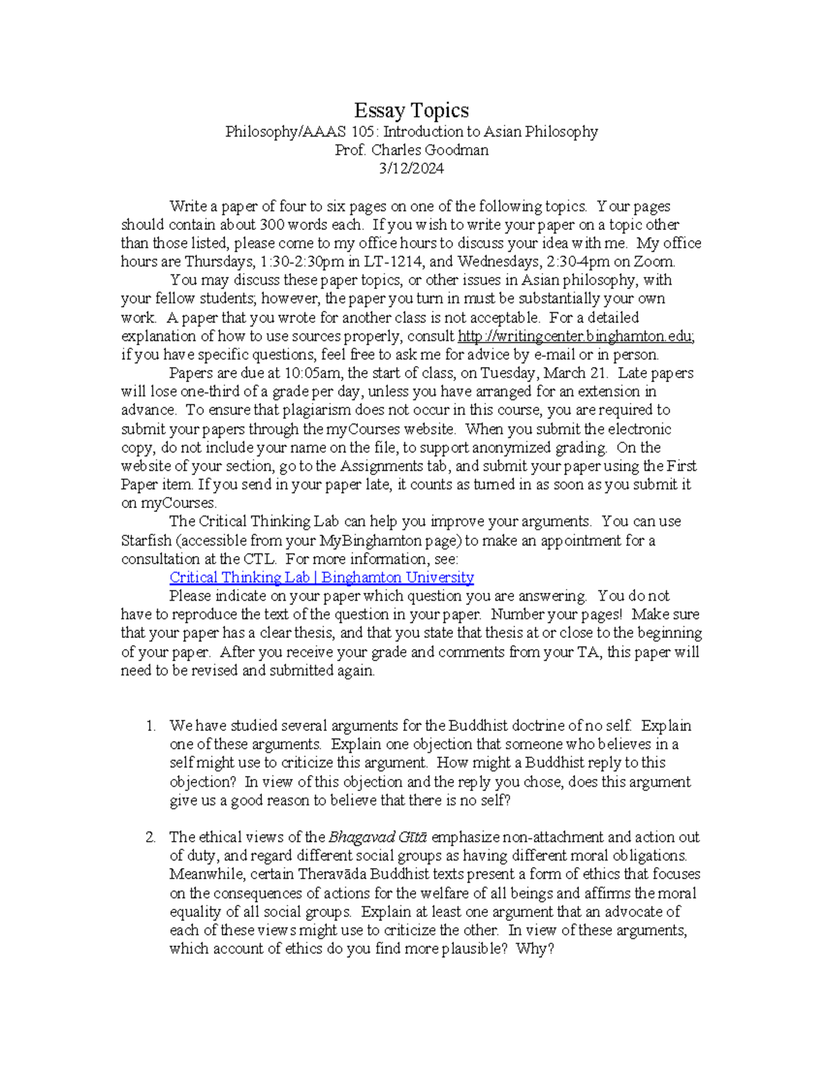 AP24 Essay Topics - Essay Topics Philosophy/AAAS 105: Introduction to ...
