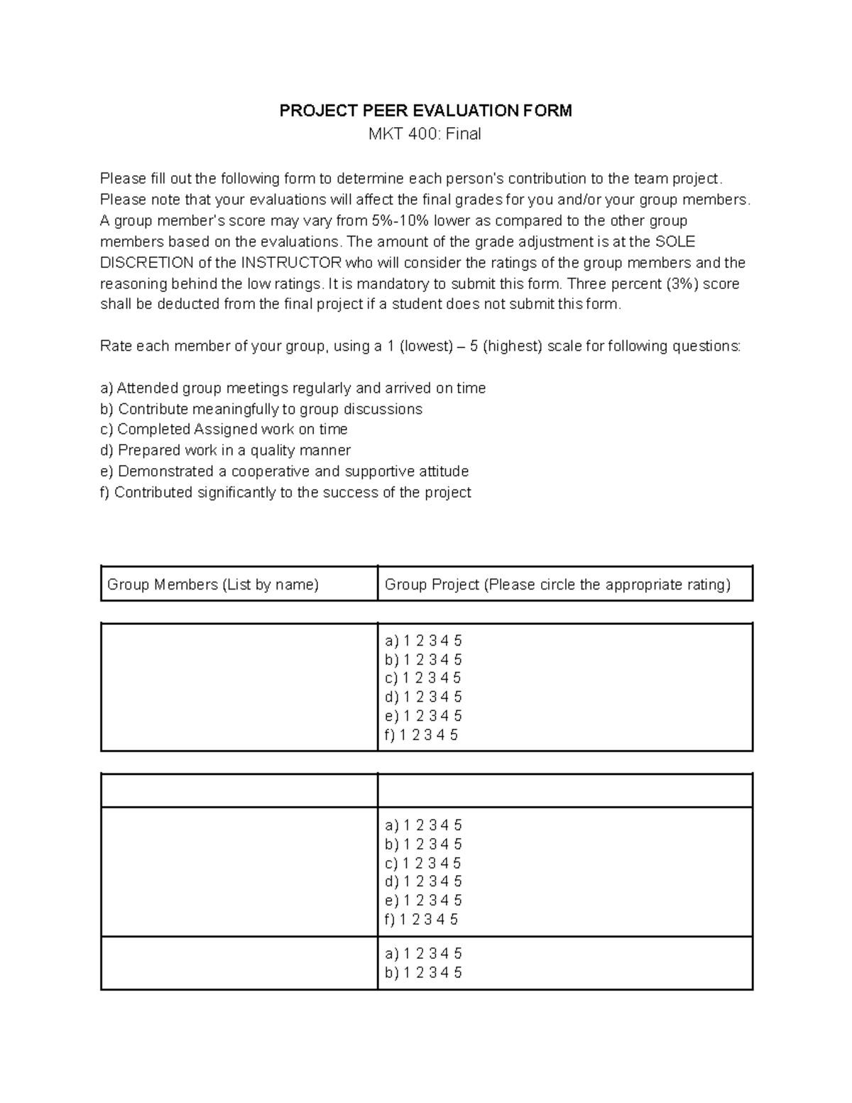 Project Peer Evaluation Form for Final Project - PROJECT PEER ...