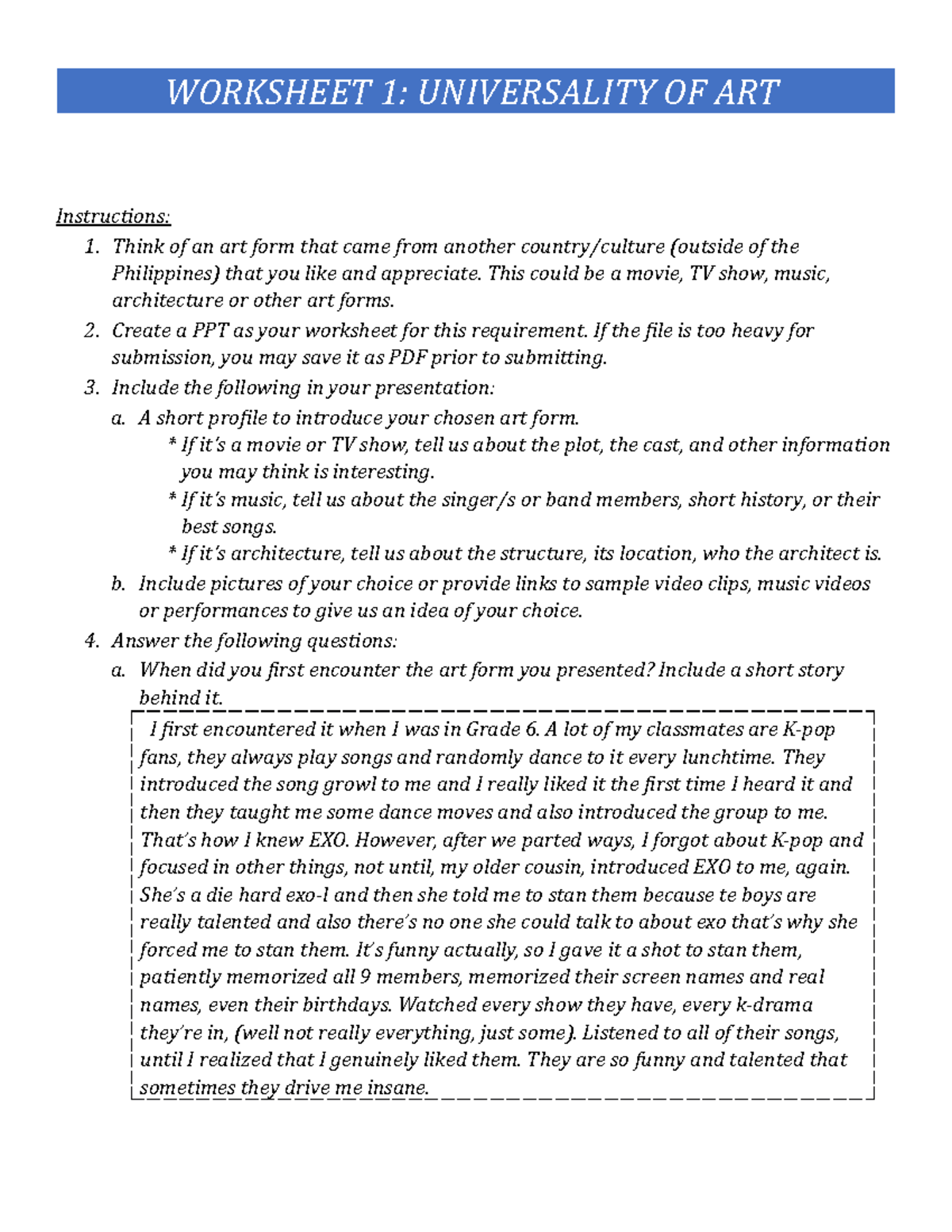 Worksheet - All about arts - WORKSHEET 1: UNIVERSALITY OF ART ...