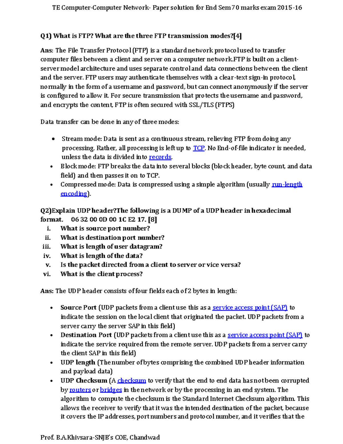 Computer network paper solution for end sem 70 marks exam 2015 16 - Q1 ...