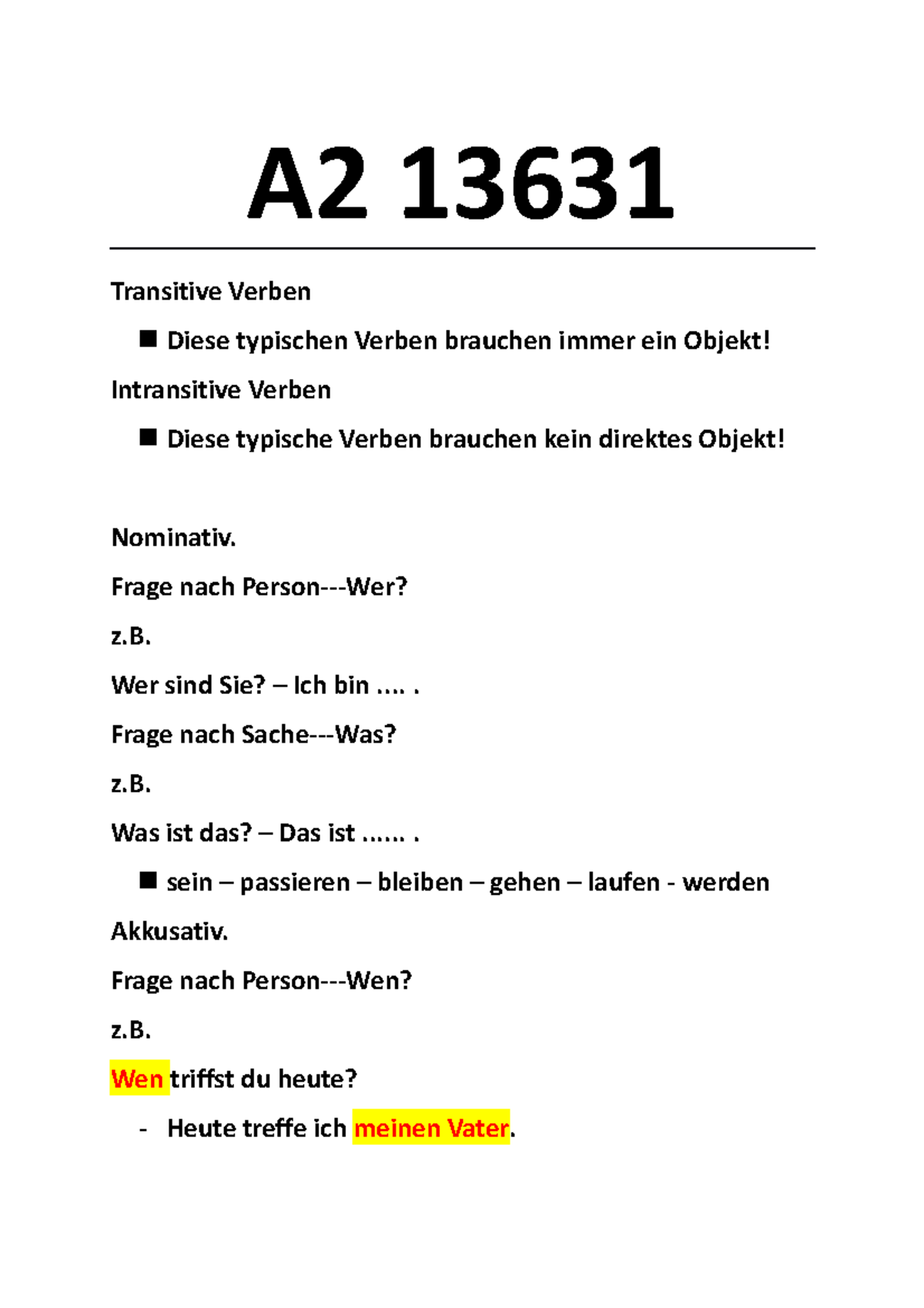 A2 13631 december 18 - A2 GERMAN GRAMMAR NOTES - A2 13631 Transitive ...