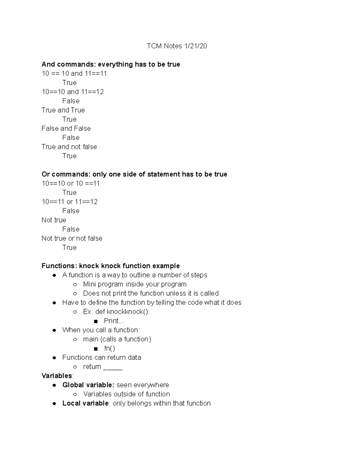 TCM Notes 1 - TCM Notes 1/21/ And commands: everything has to be true ...