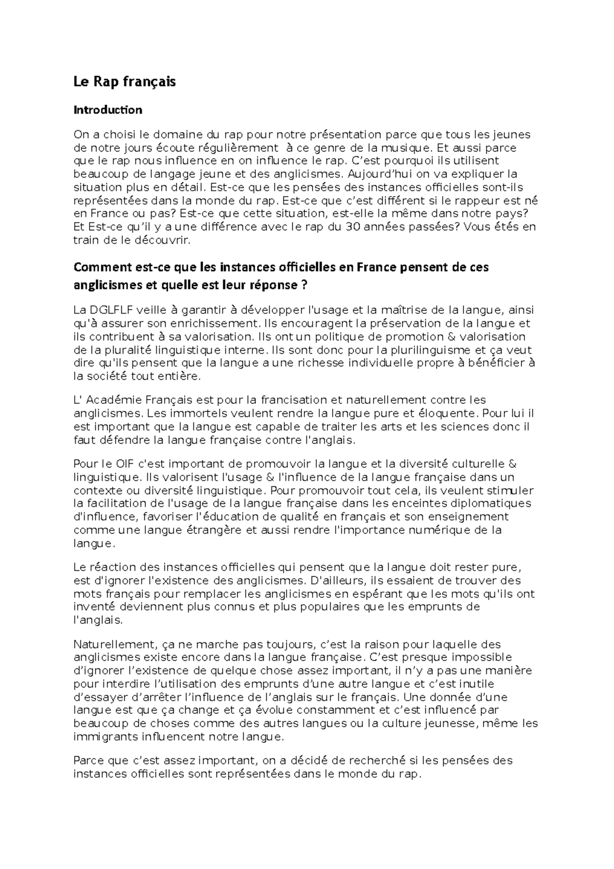 Eindwerk Frans 'le rap français' - Le Rap français Introduction On a ...