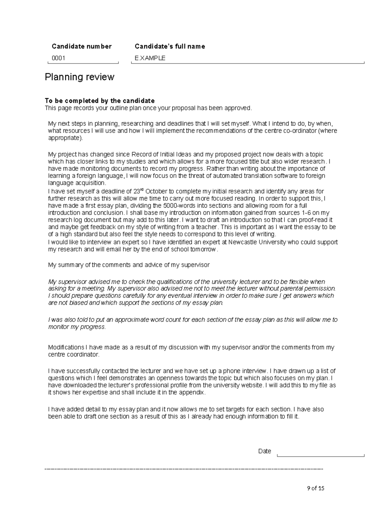 9. Planning review sheet - Example - Candidate number Candidate’s full ...