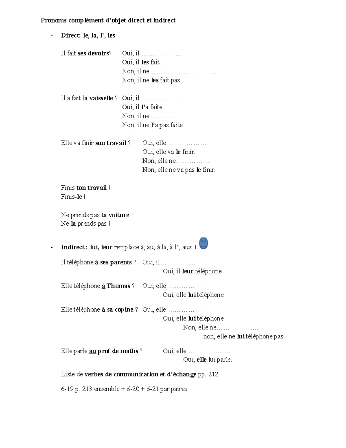 Les Pronoms (direct et indirect) - Pronoms complément d’objet direct et ...