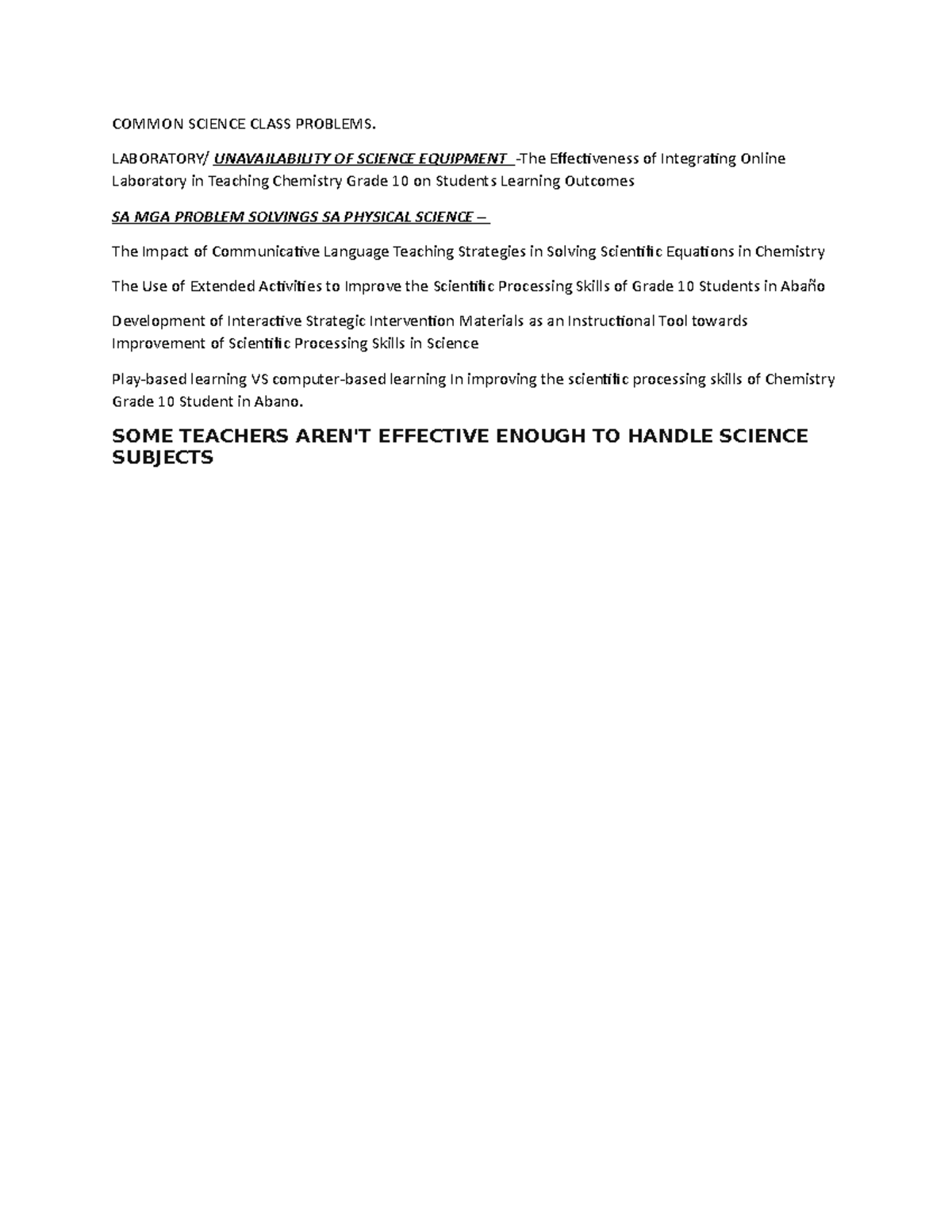 Common Science Class Problems - COMMON SCIENCE CLASS PROBLEMS ...