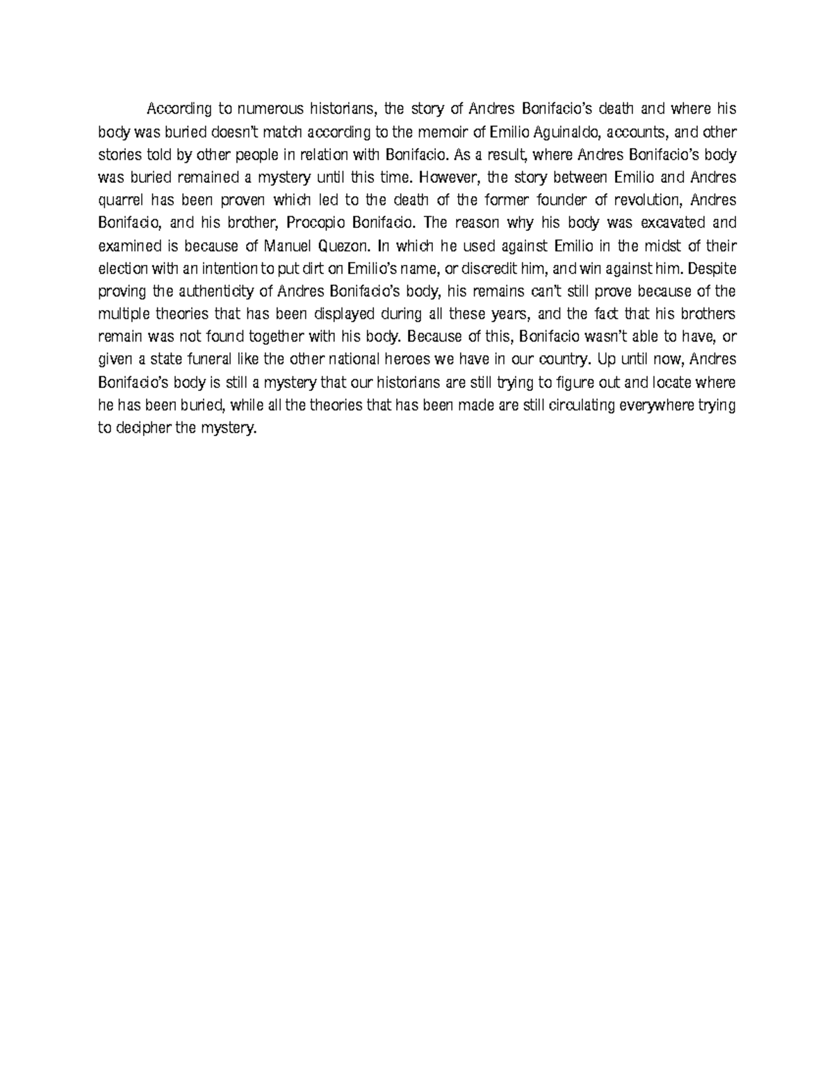 RPH (Andres Bonifacio) - According to numerous historians, the story of ...