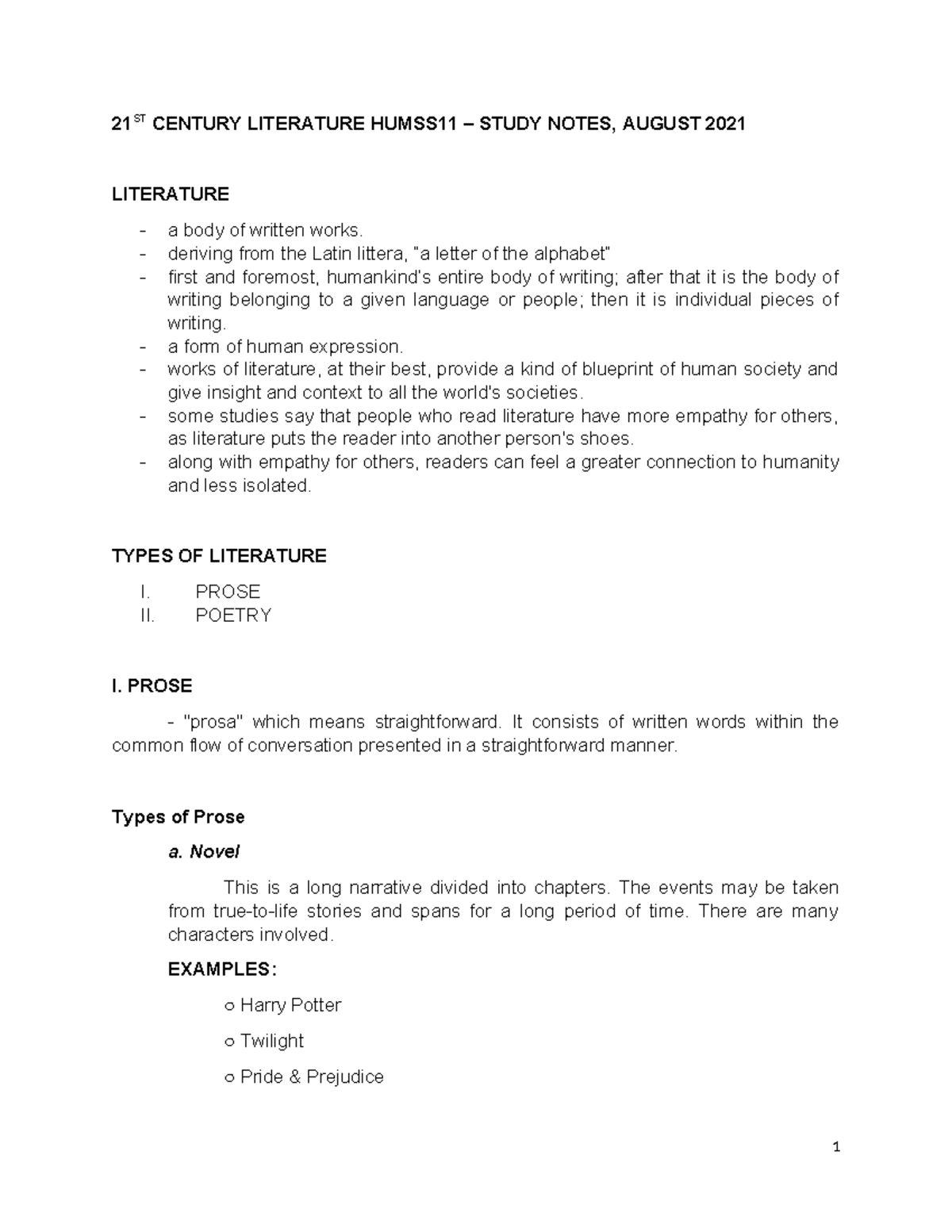 Prose AND Poetry - fff - 21 ST CENTURY LITERATURE HUMSS11 – STUDY NOTES ...