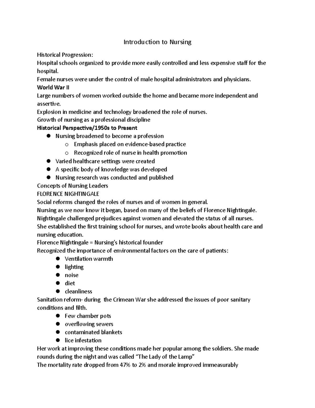Intro to Nursing - Introduction to Nursing Historical Progression ...