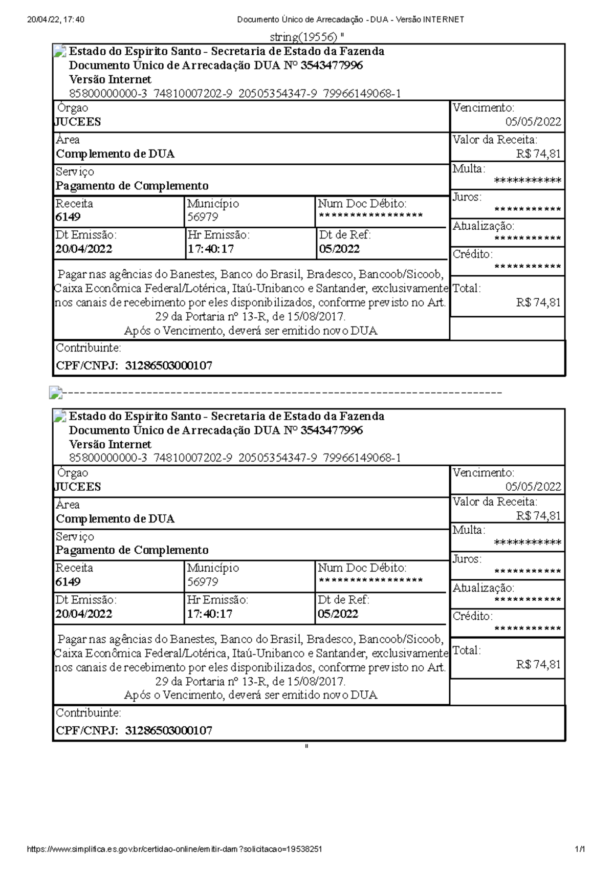 Documento Único de Arrecadaçăo - DUA - Versăo Internet - 20/04/22, 17 ...