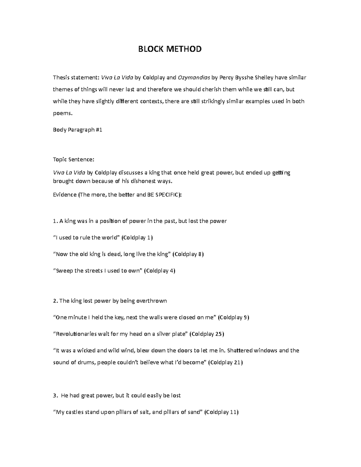 Assignment 11 The Essay Outline - BLOCK METHOD Thesis statement: Viva ...