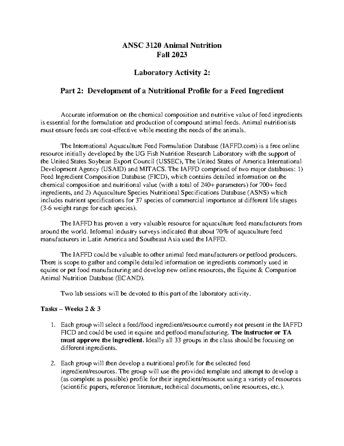 ANSC 3120 F23 Lab 2 Feed Ingredient Part 2 23Sept2023 - ANSC 3120 Animal Nutrition Fall 202 3 ...